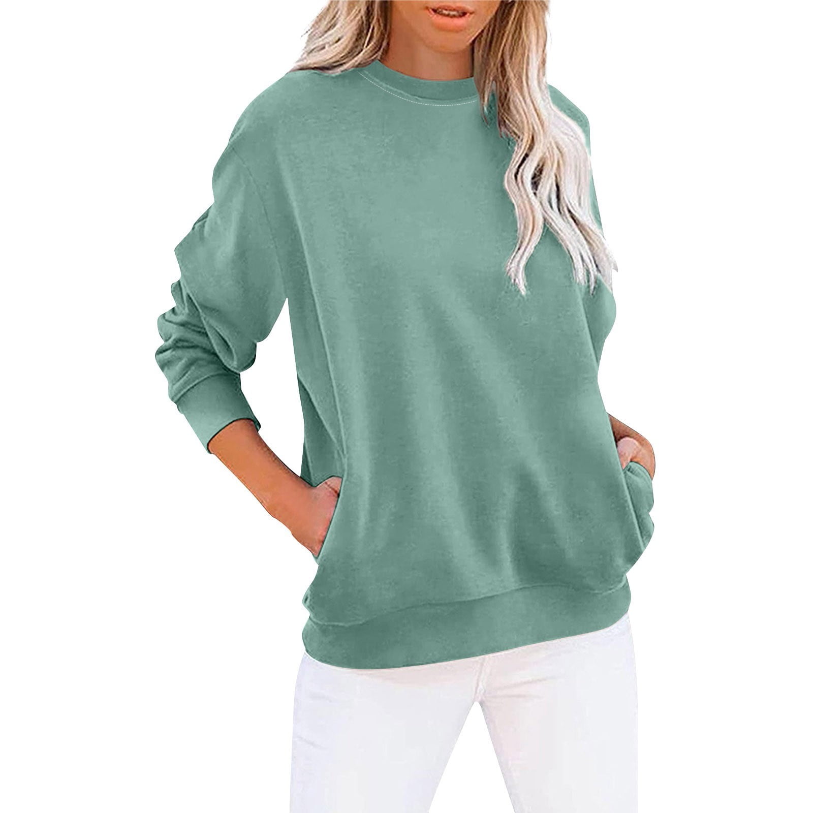 Crewneck Sweatshirts Clearance Weikingp Womens Crew Neck Solid Color Sweatshirt Tops Long