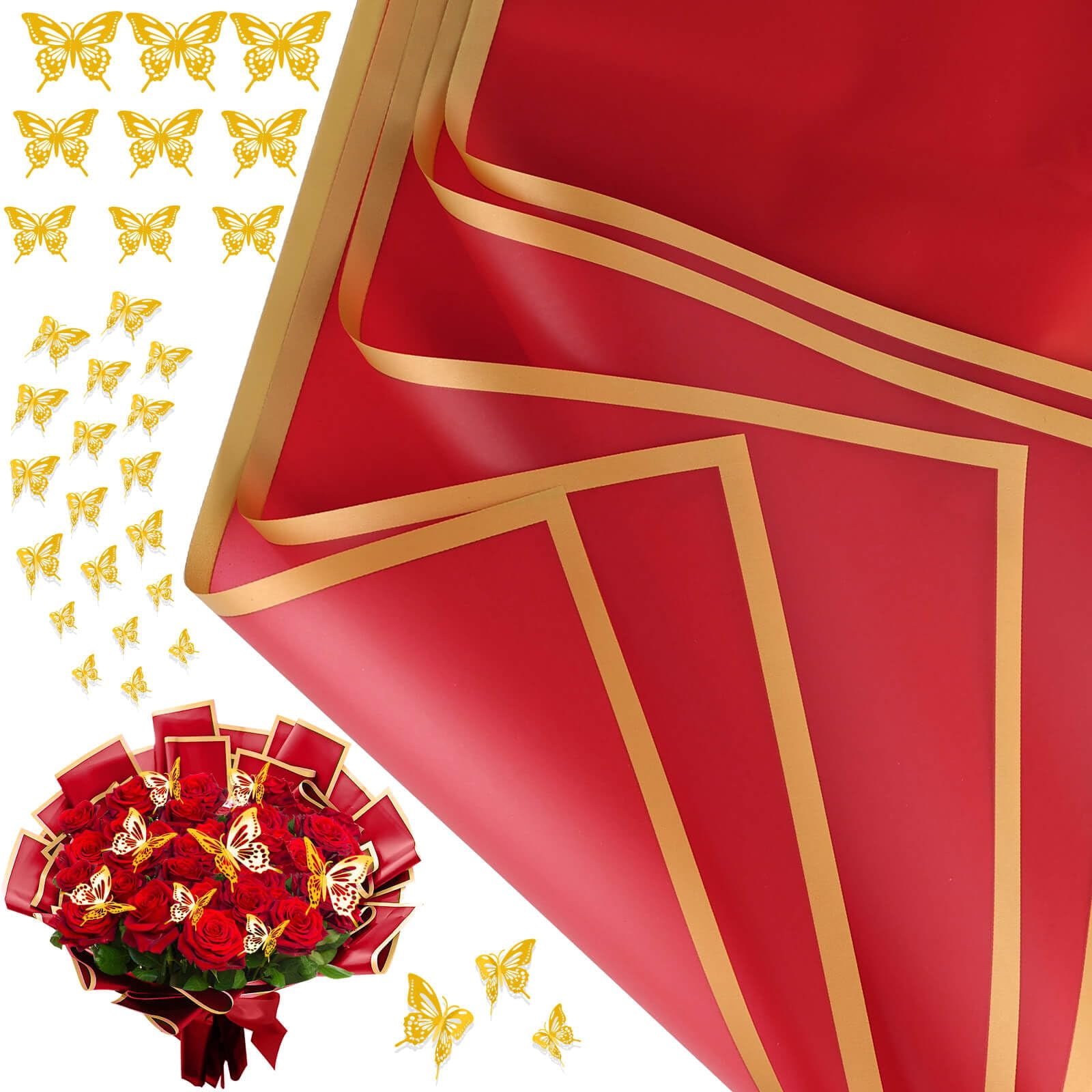 cridoz 20 Sheets Flower Bouquet Wrapping Paper with 12 Pieces Gold ...