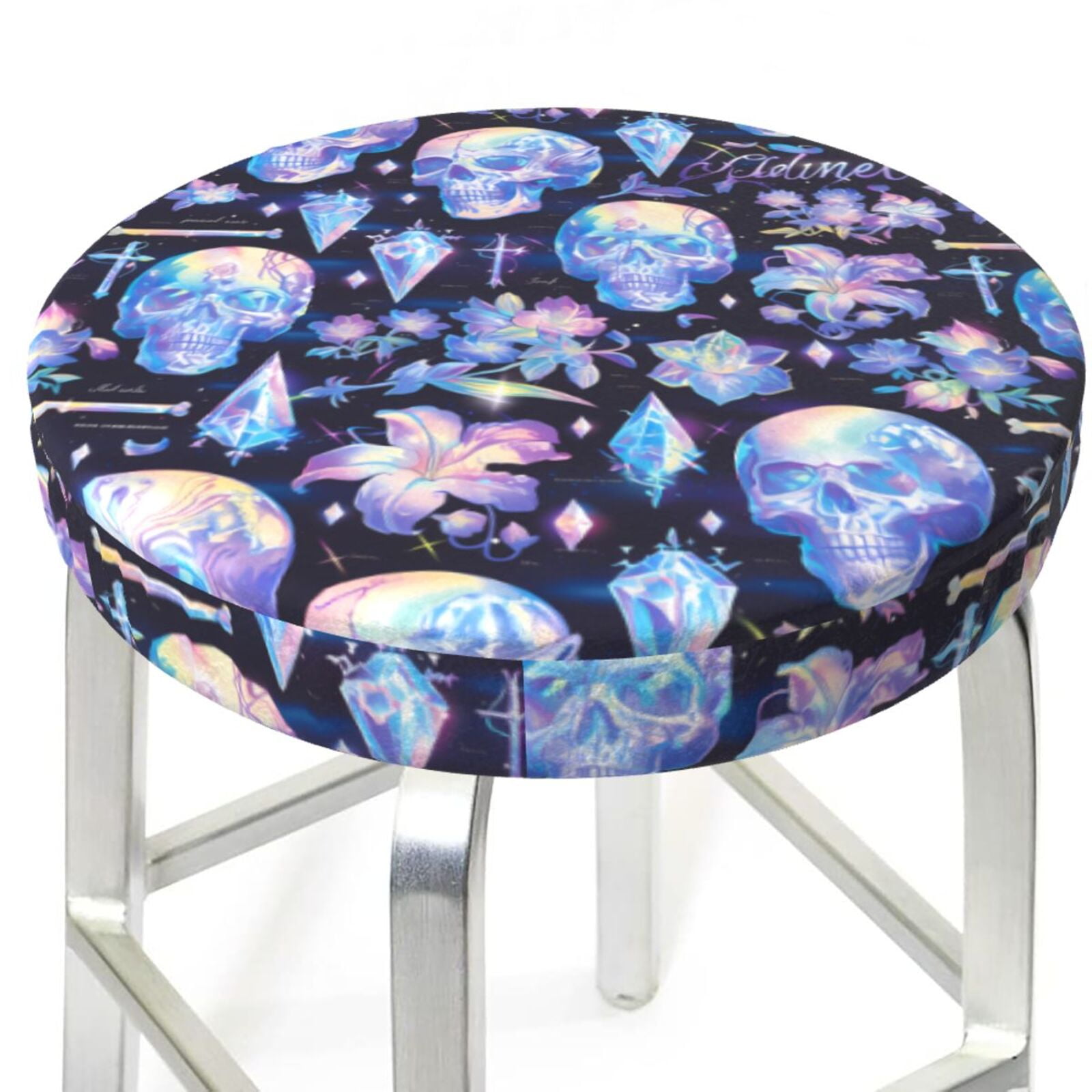 crystal cool Skull flower Bar Stool Covers - Stretch Round Seat Covers ...