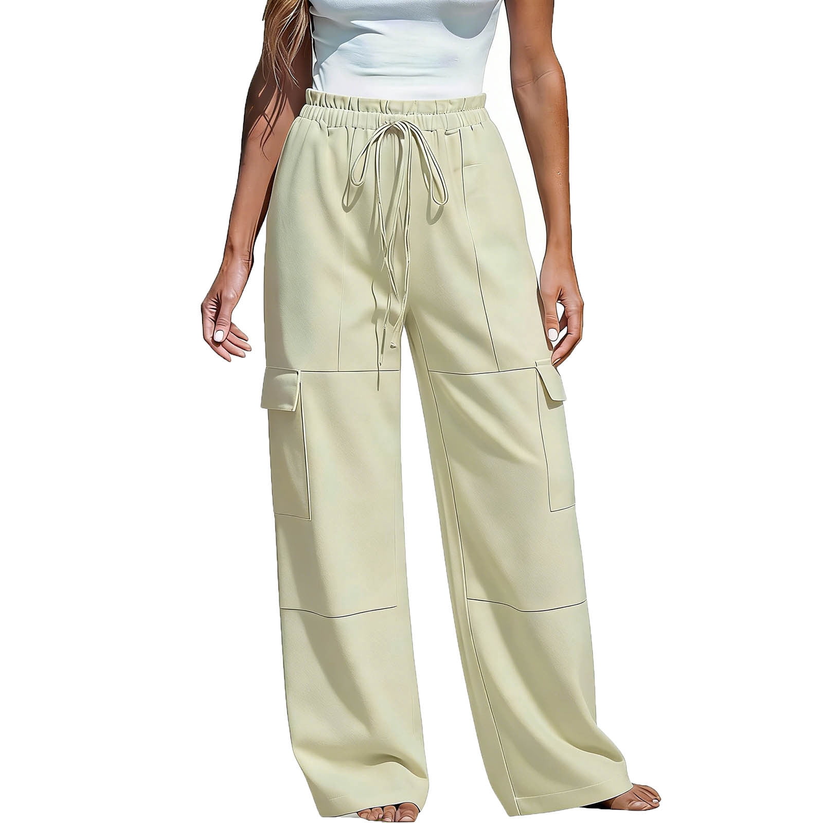 ctdiral Cotton Linen Cargo Pants for Women Drawstring Elastic Waist ...