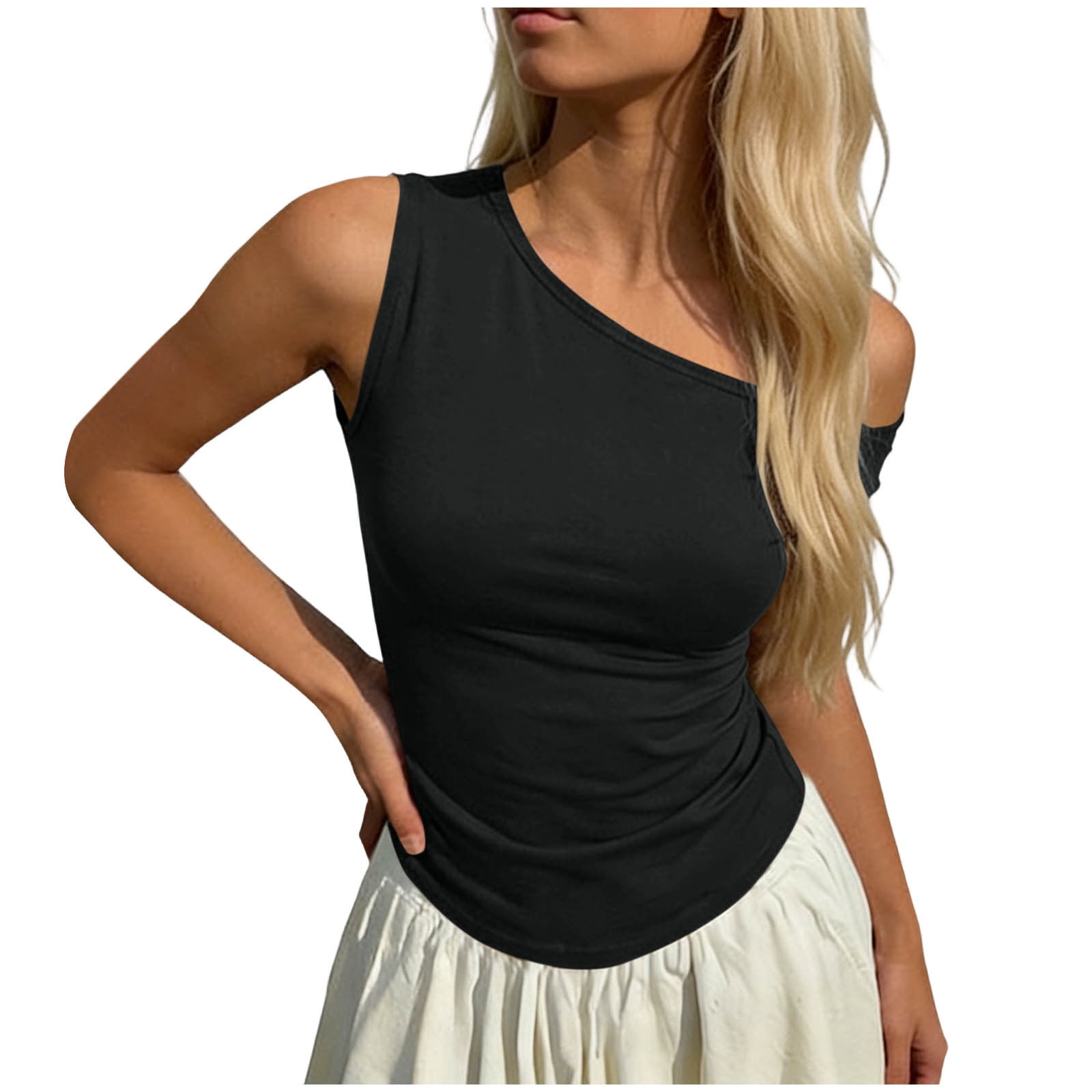 ctdiral Women One Shoulder Sleeveless Tank Top Solid Color Slim Fit ...