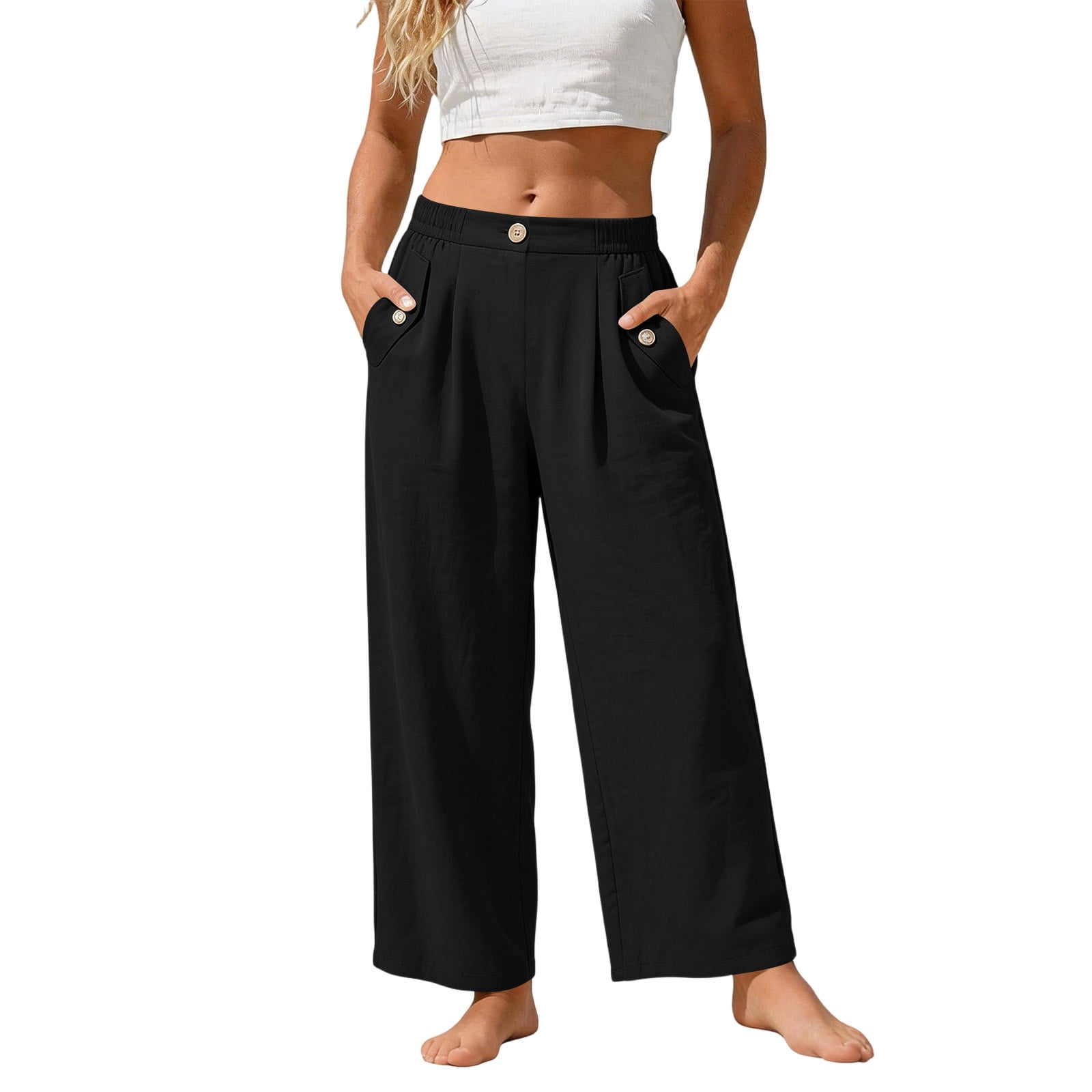 ctdiral Womens Cotton Linen Pants Elastic Waist Straight Trousers Loose ...