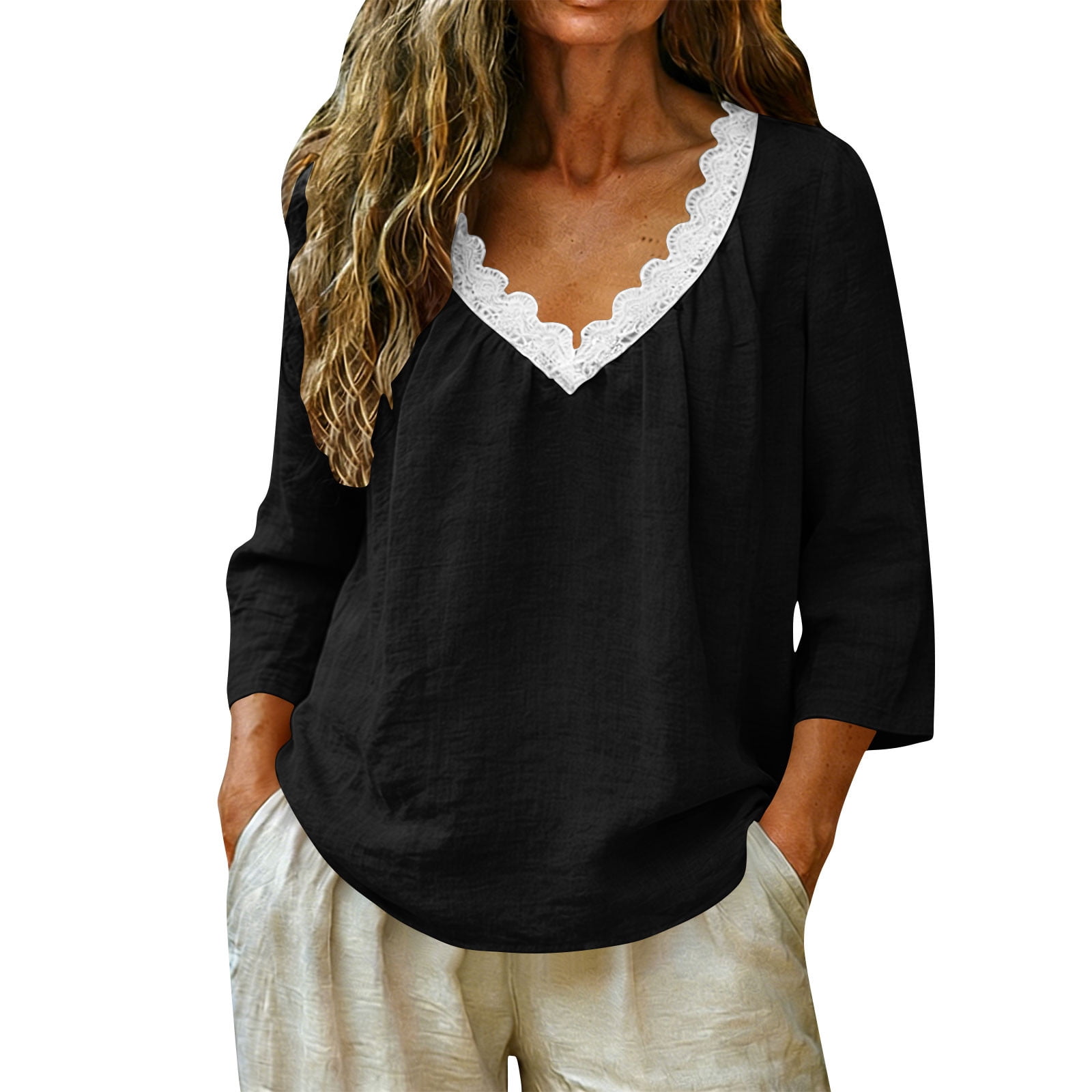 ctdiral Womens Cotton Shirts 3/4 Sleeve Lace V Neck Blouses Casual ...