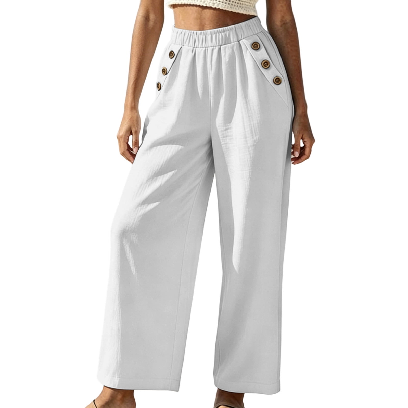ctdiral Womens Cotton Straight Trousers Elastic Waist Wide Leg Pants ...