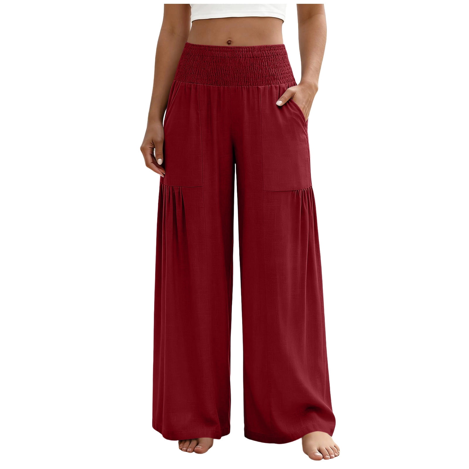 ctdiral Womens Elastic Waist Cargo Pants High Waist Wide Leg Pants ...