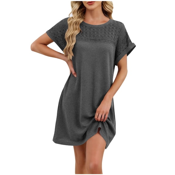 ctdiral Womens Eyelet Mini Dress Cap Sleeve Crew Neck T Shirt Dress ...