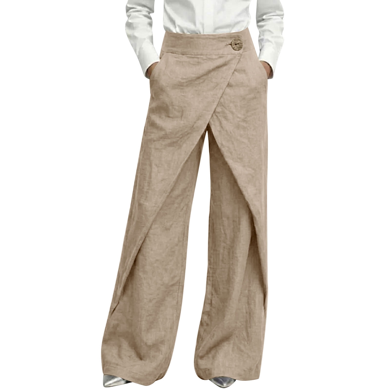 ctdiral Womens High Waist Cotton Linen Pants Button Wrap Wide Leg Pants ...