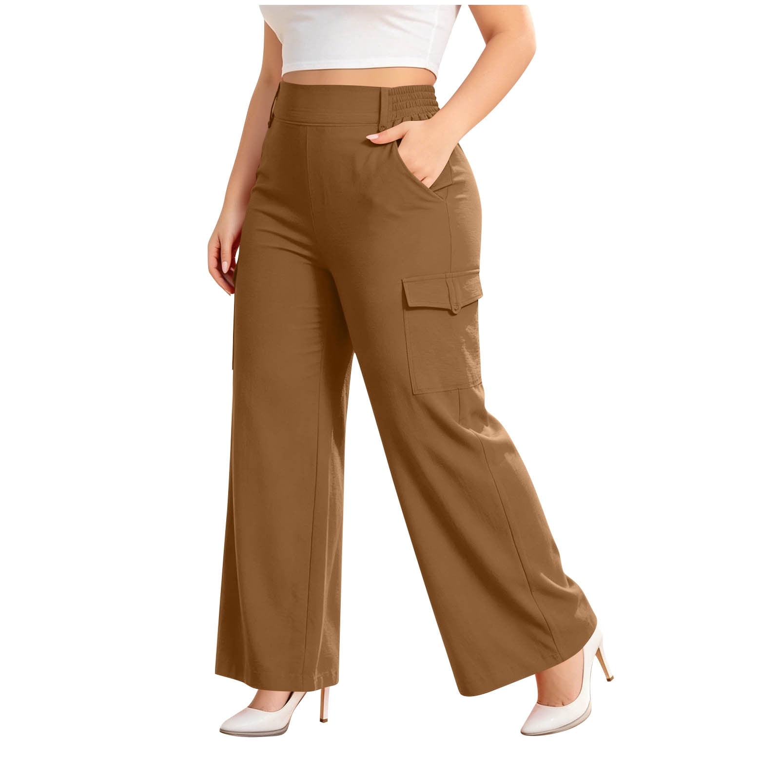 ctdiral Womens Plus Size High Waist Cargo Pants Elastic Waist Straight ...