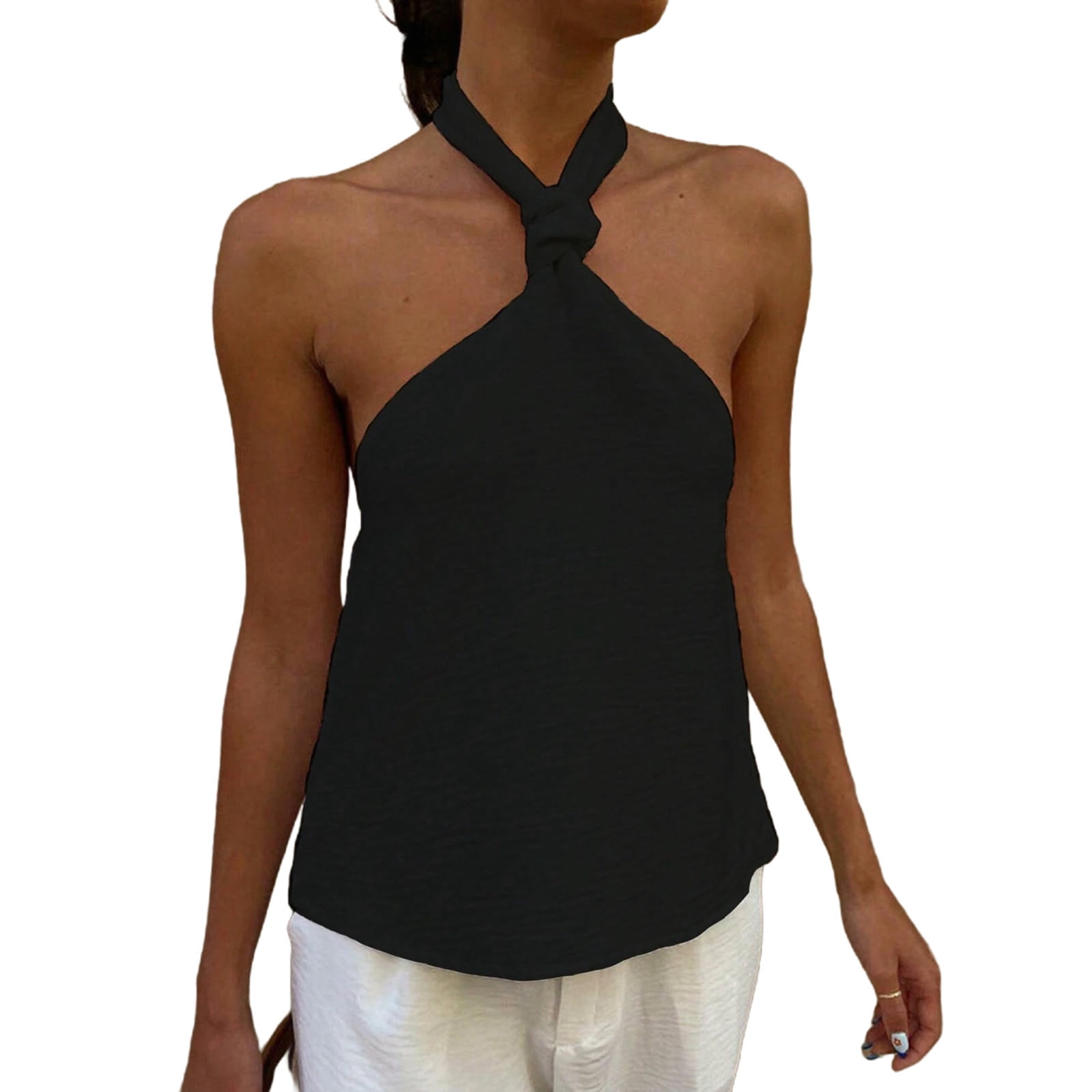 ctdiral Womens Sleeveless Halter Tops Solid Color Backless Tank Tops ...