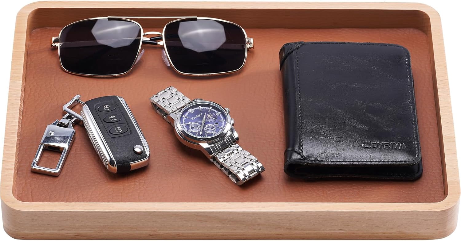cugvbin Wood Valet Tray for Men with Removable Pad Catchall EDC ...