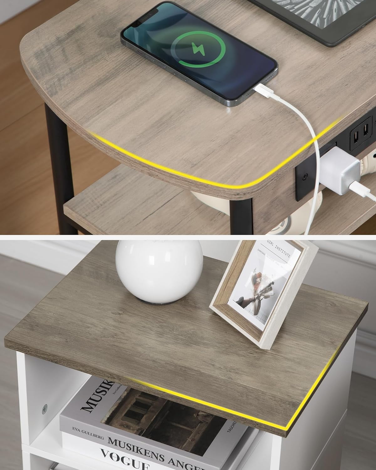 cvqazxse End Table with Charging Station 3 Tier Storage Bed Side Table ...