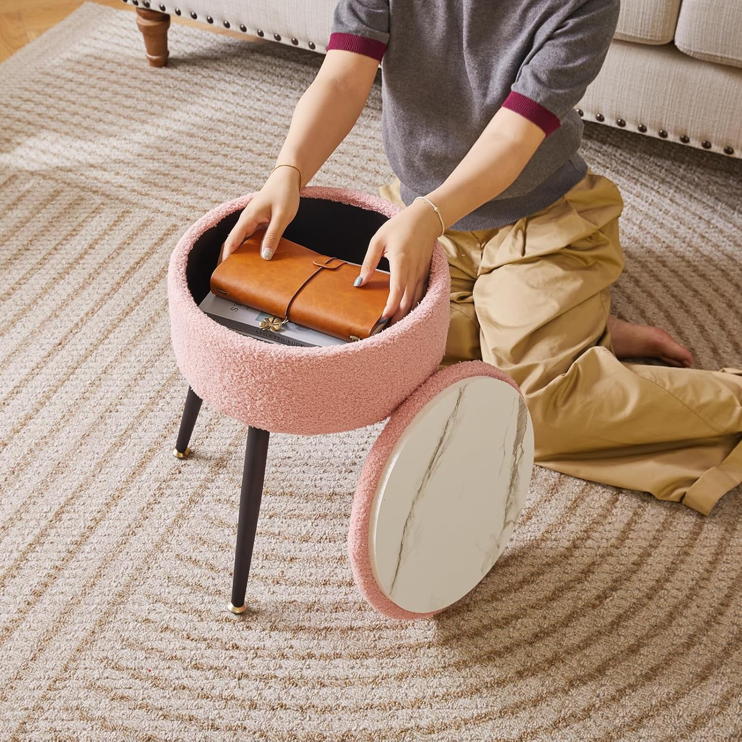 cvqazxse Vanity Stool Pink Vanity Chair with Storage Foot Stools Ottoman Small Soft Faux Teddy ...