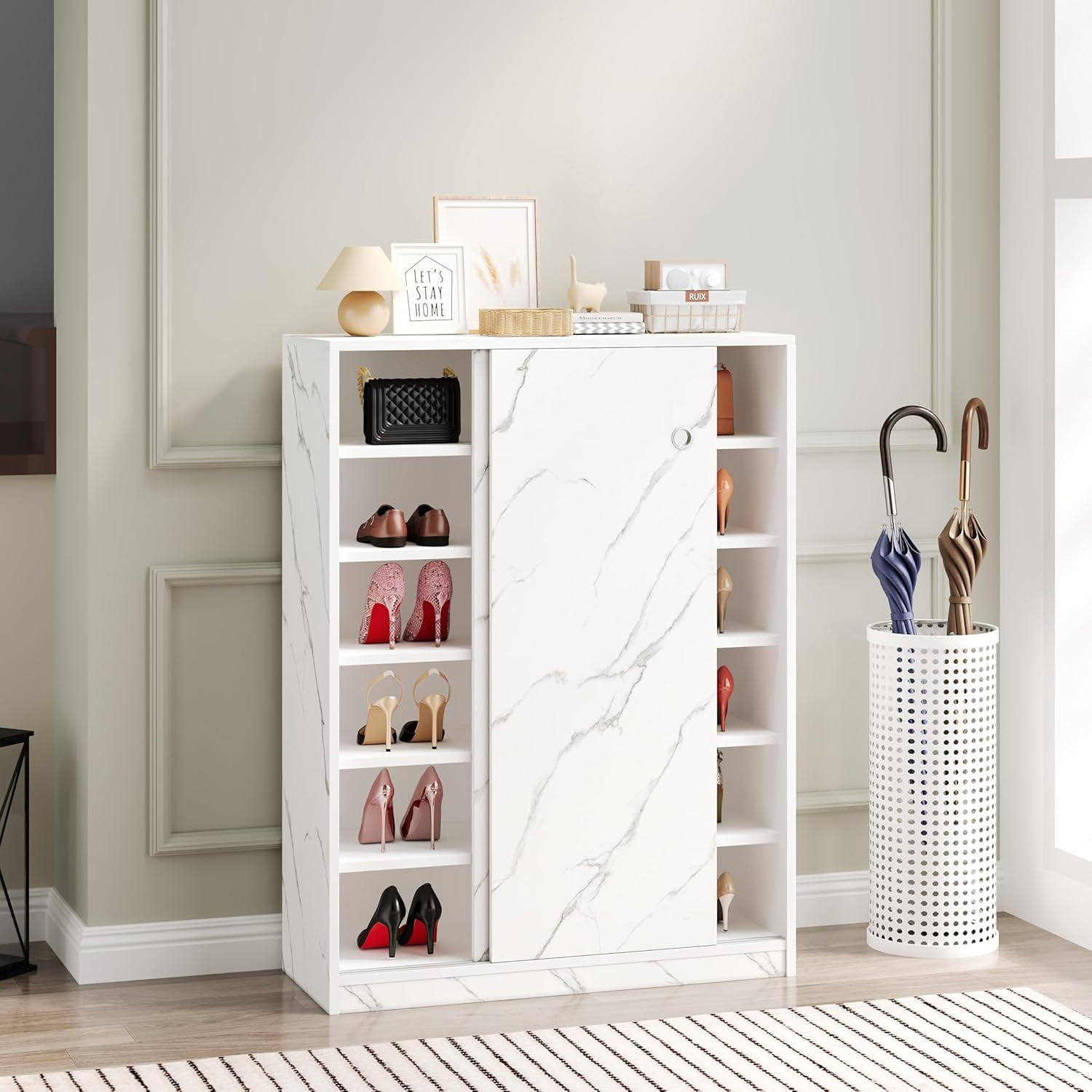 cvtubitdv Faux Marble Black Shoe Cabinet with Sliding Doors 6-Tier ...