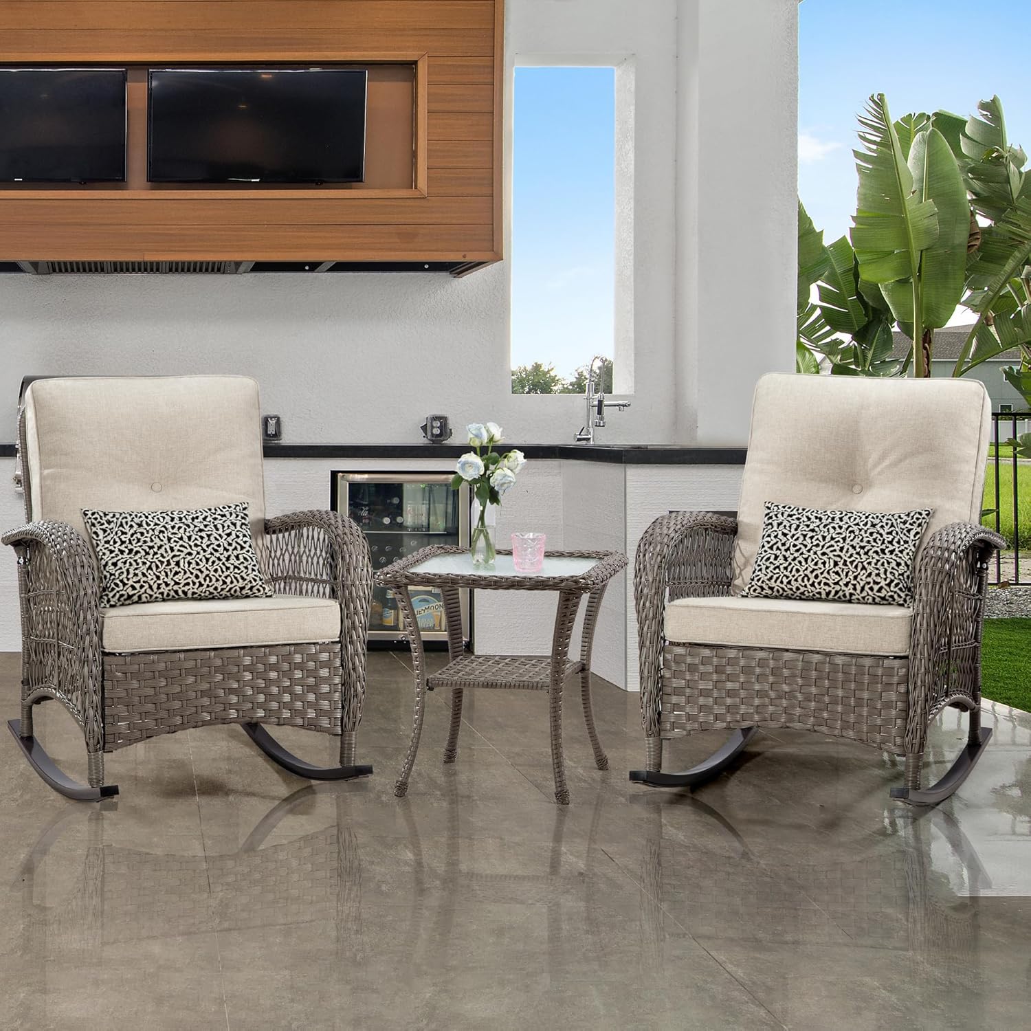 cvtubitdv Patio Rocking Chair with Side Table - Outdoor Bistro Set with ...