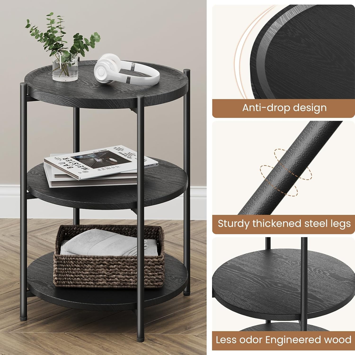 cyahfhaf Side Table 3-Tier Modern End Table with Wheels Small Round ...