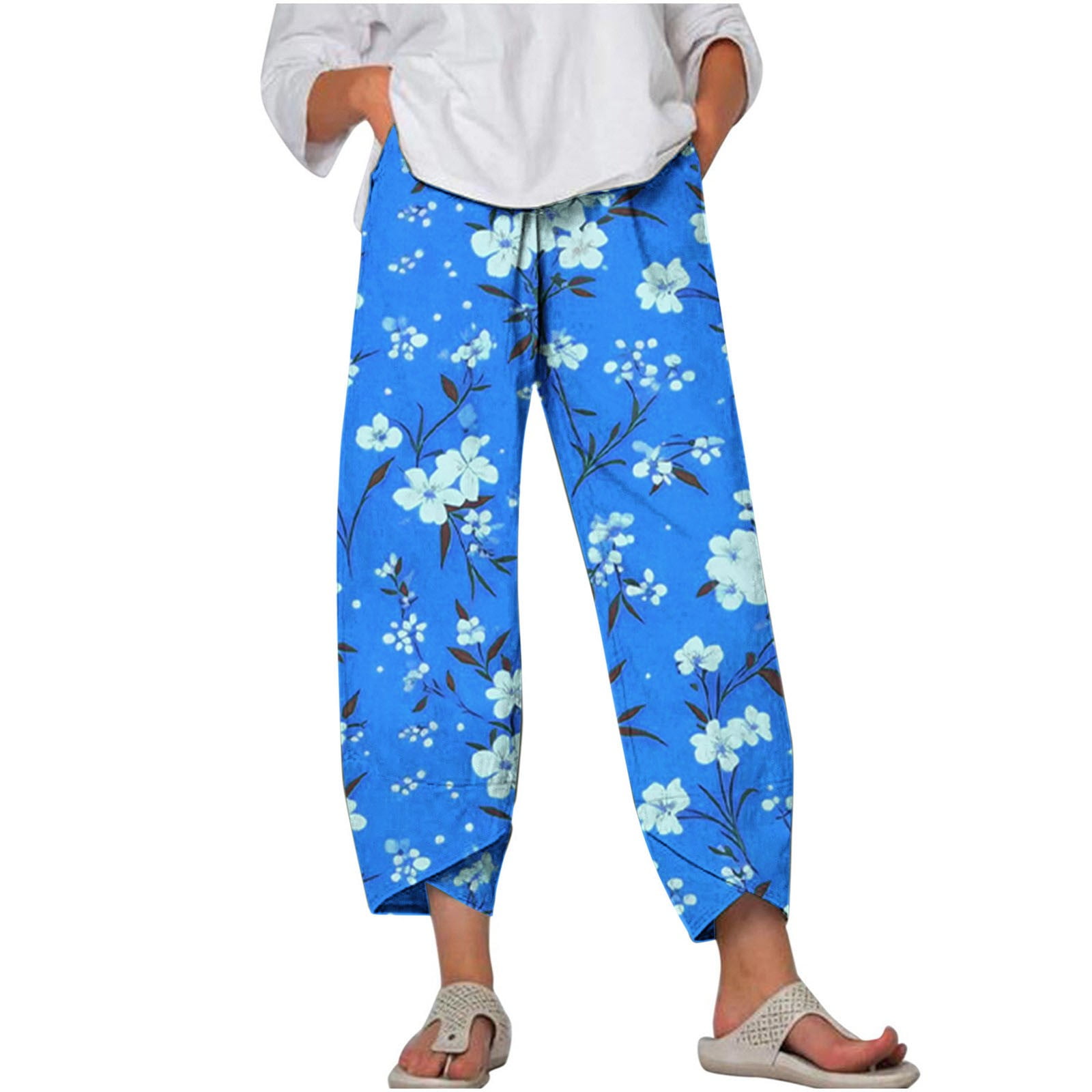 Buigttklop Wide Leg Linen Pants for Women Summer Cute Floral Capris ...