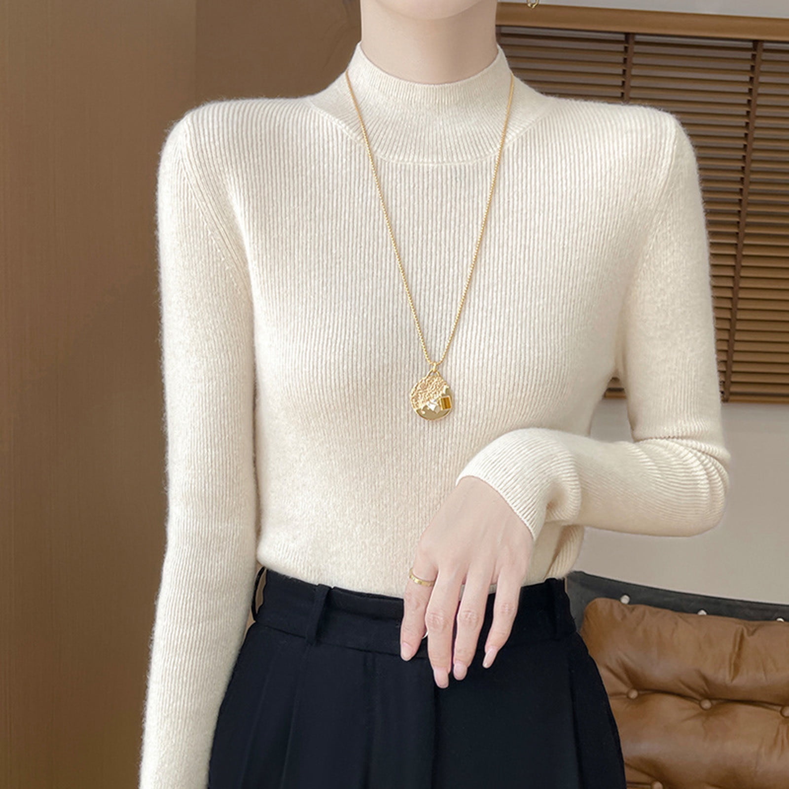 Buigttklop Womens Long Sleeve Shirts Turtleneck Ribbed Top Ruffles Mock ...