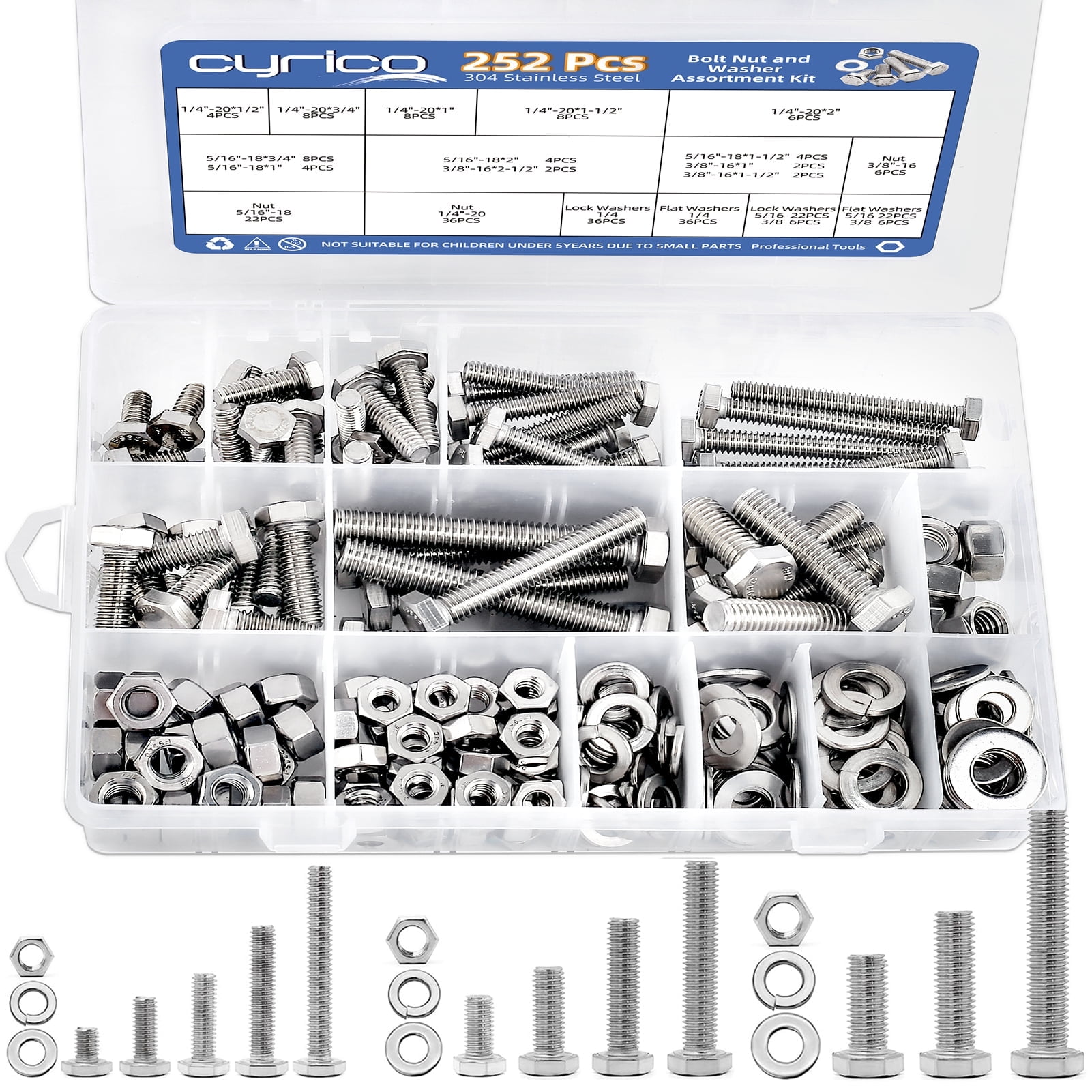 cyrico 252 Pcs Nuts and Bolts Assortment Kit, 304 Stainless Steel Hex ...