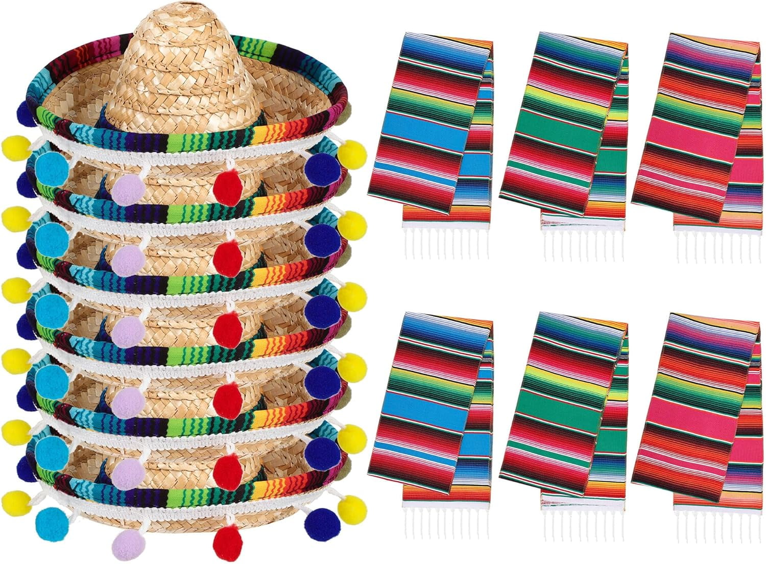 czqnlg 12 Pcs Mexican Serape Table Runner Mini Sombrero Straw Hats ...