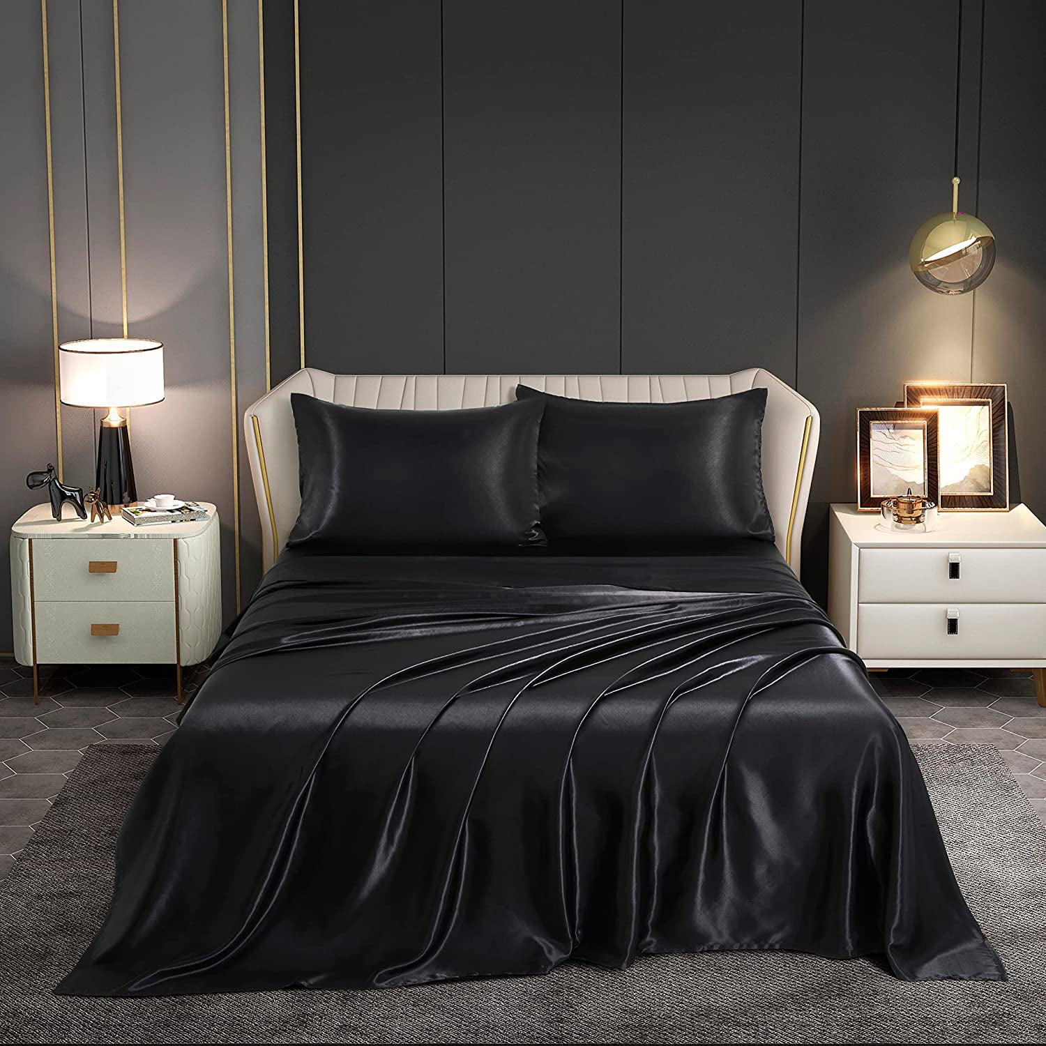 czqnlg 4 Pieces Satin Sheets Set King Size Silky Soft Satin Bed Sheets ...