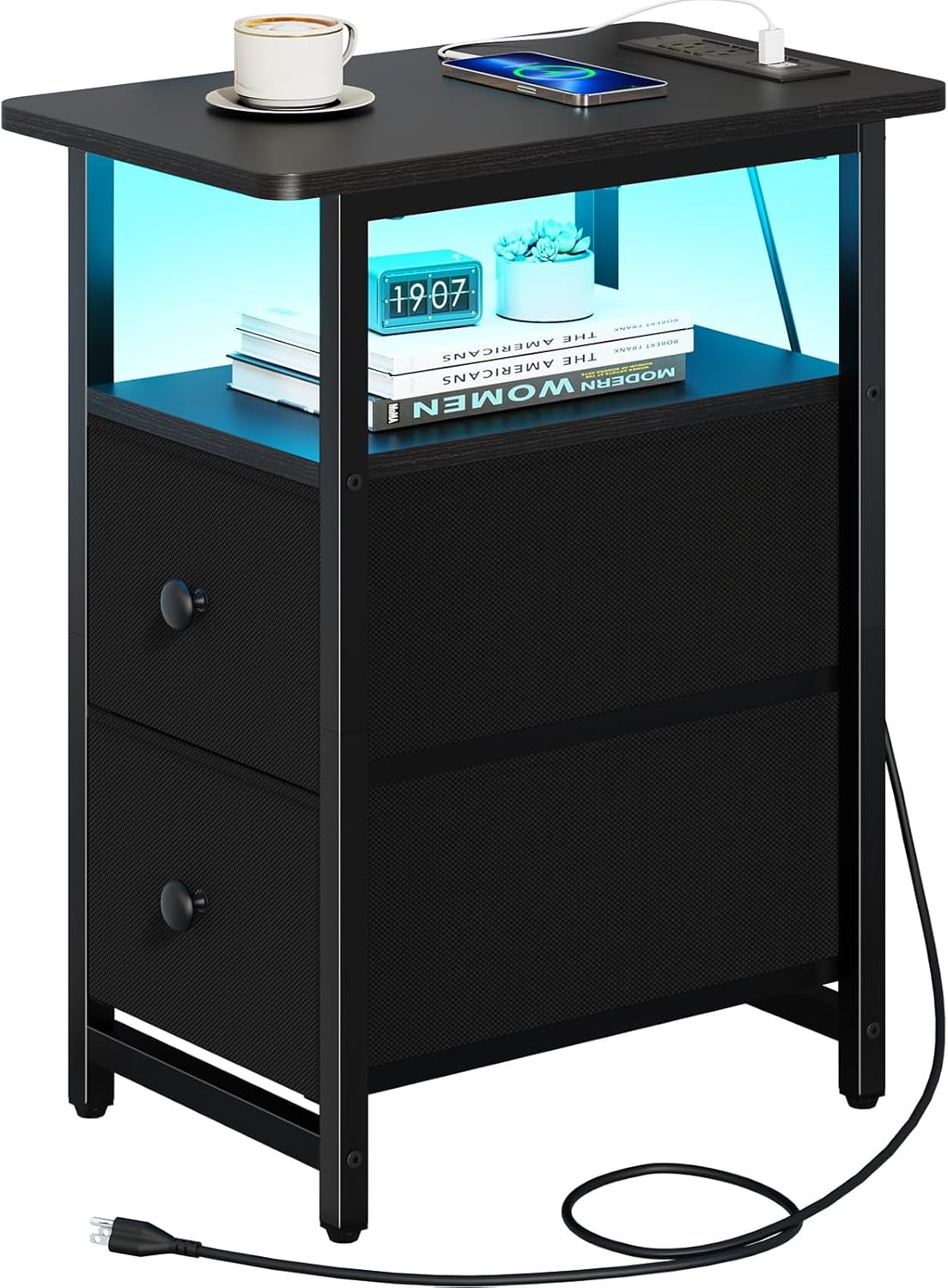 czqnlg End Table with Charging Station Narrow Side Table LED Small ...