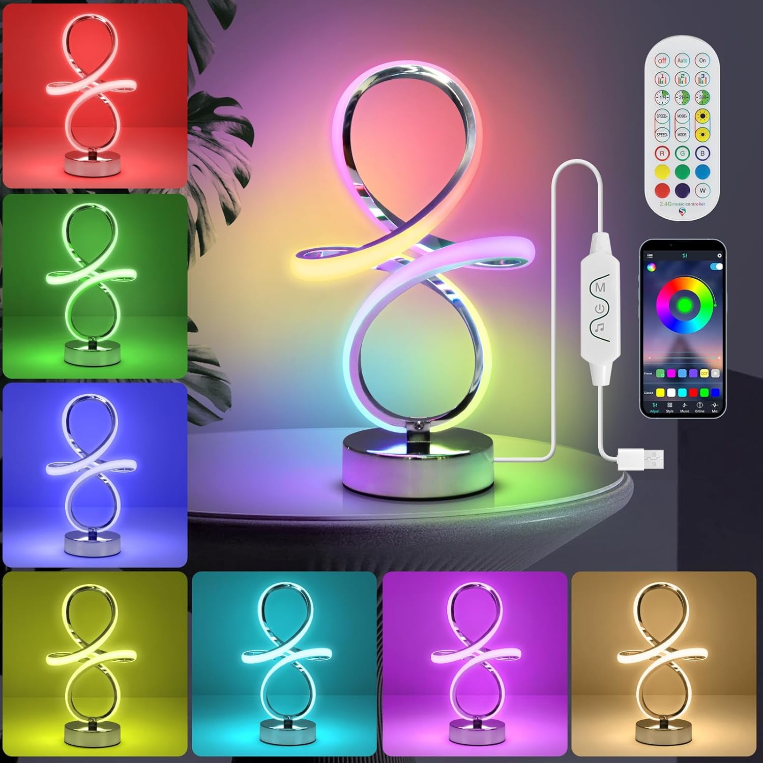 czqnlg RGB Spiral Table Lamp LED Table Lamp Chrome Cool Bedside Lamps 7 ...