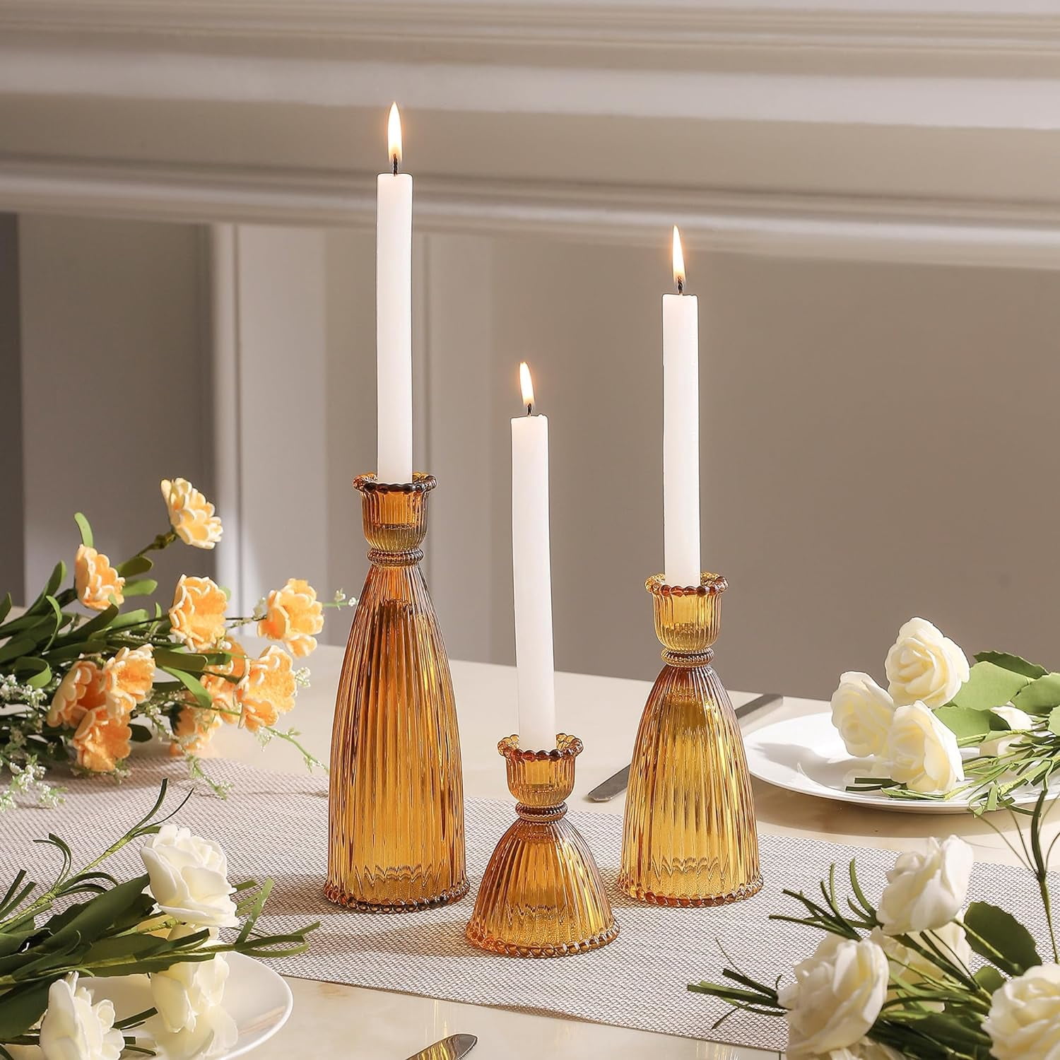 czqnlg Vertical Stripe Candlestick Holders Set of 3 Glass Candle ...