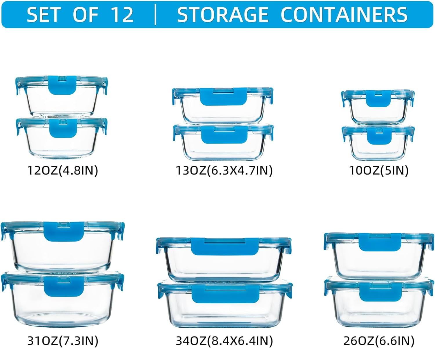 czyyul 12 Pack Glass Storage Containers with Lids Leak-Proof Meal Prep ...