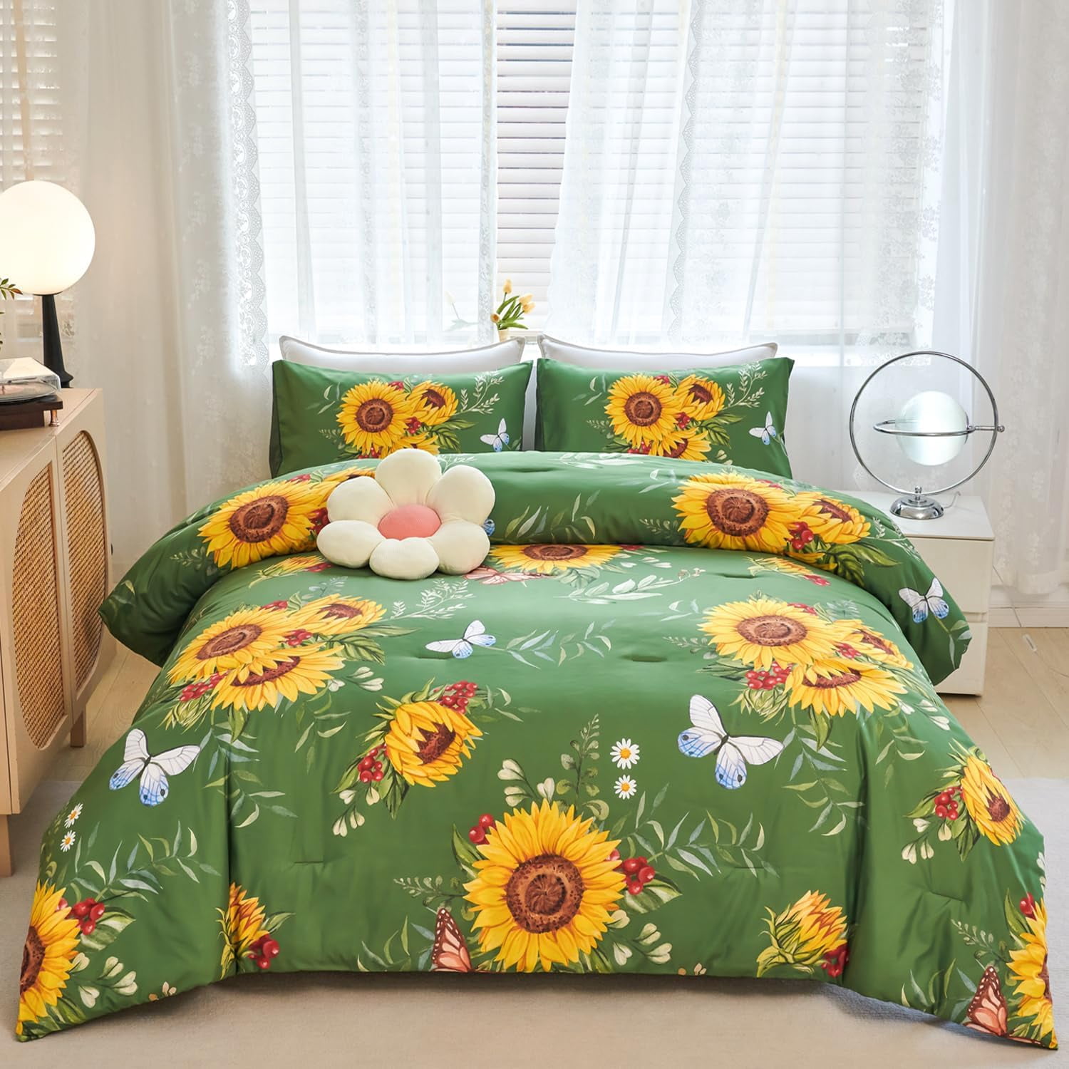 czyyul 3 Pcs Sunflower Bedding Sets Queen Butterfly Floral Black ...