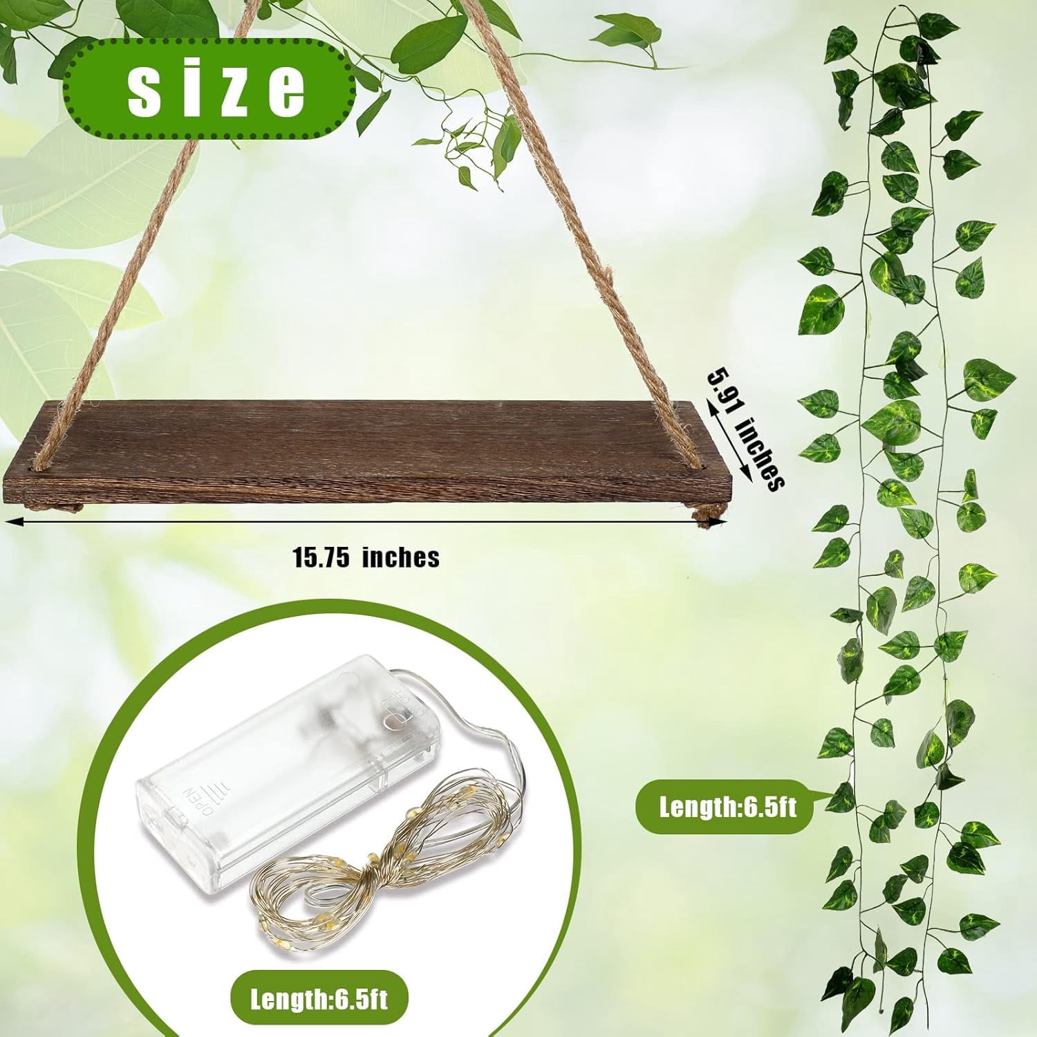 czyyul 3 Set Artificial Ivy LED Floating Plant Shelves Wood Hanging ...