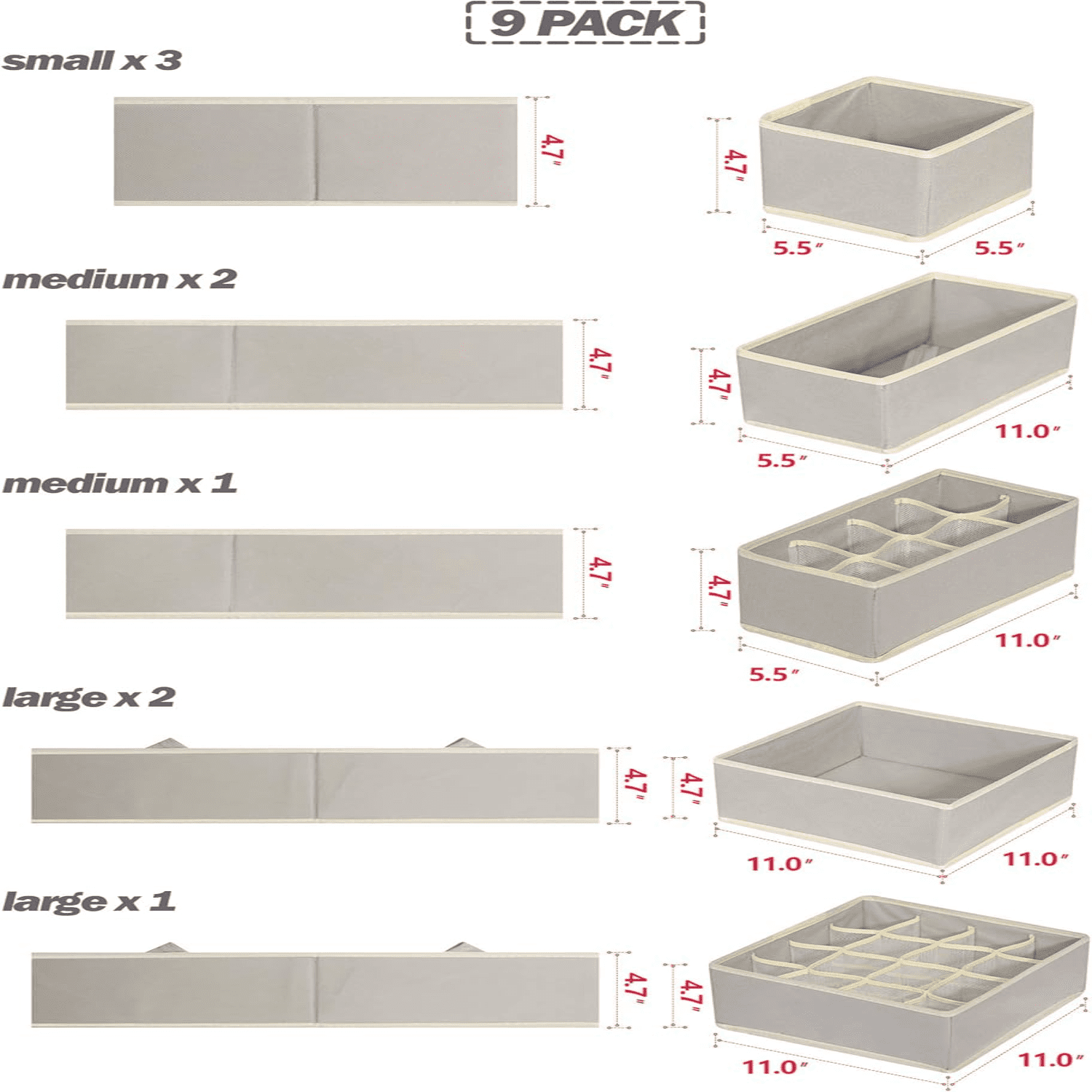 czyyul 9 Pack Foldable Drawer Organizer Dividers Cloth Storage Closet ...