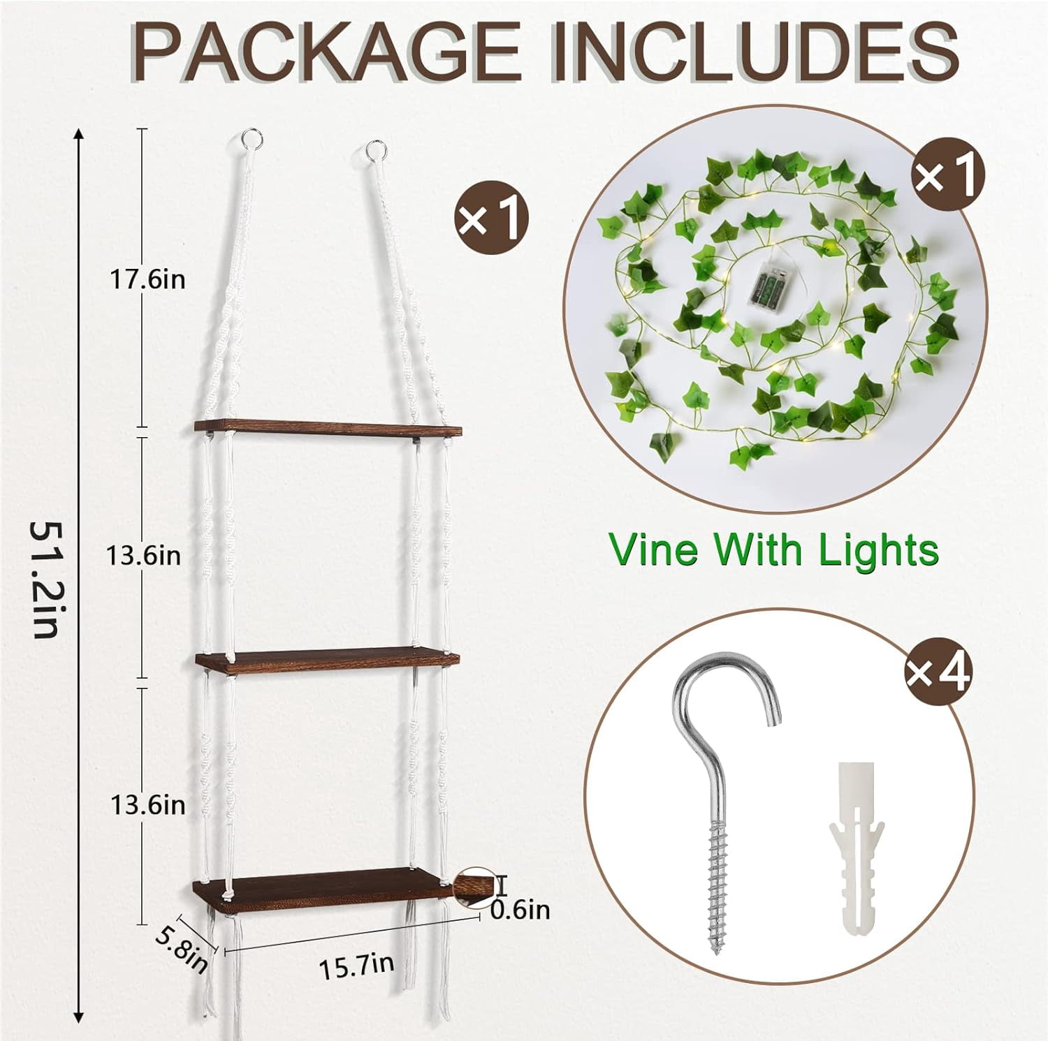 czyyul Hanging Shelf with Vine Lights Macrame Plant Wall Shelf Wall ...