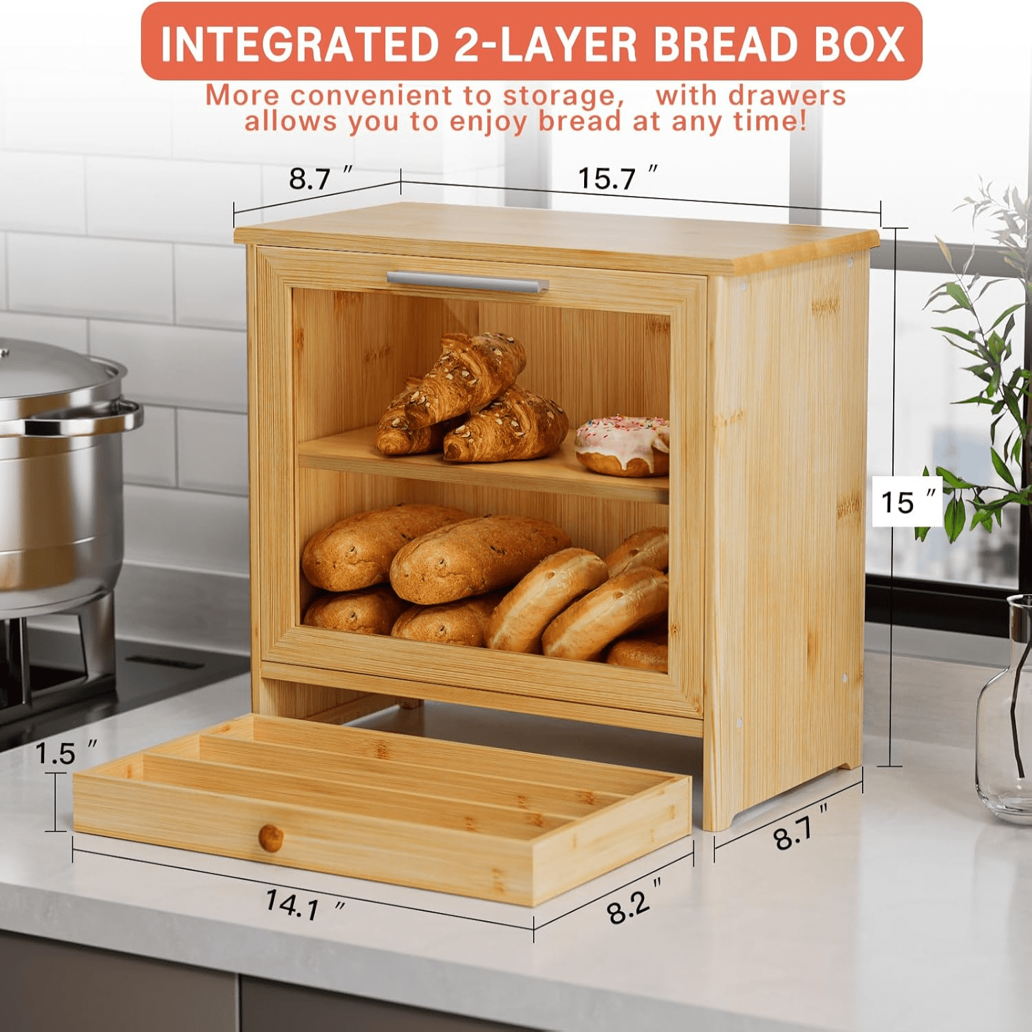 czyyul Roll Top Bread for Kitchen Counter Large 2-Tier Bamboo Bread ...