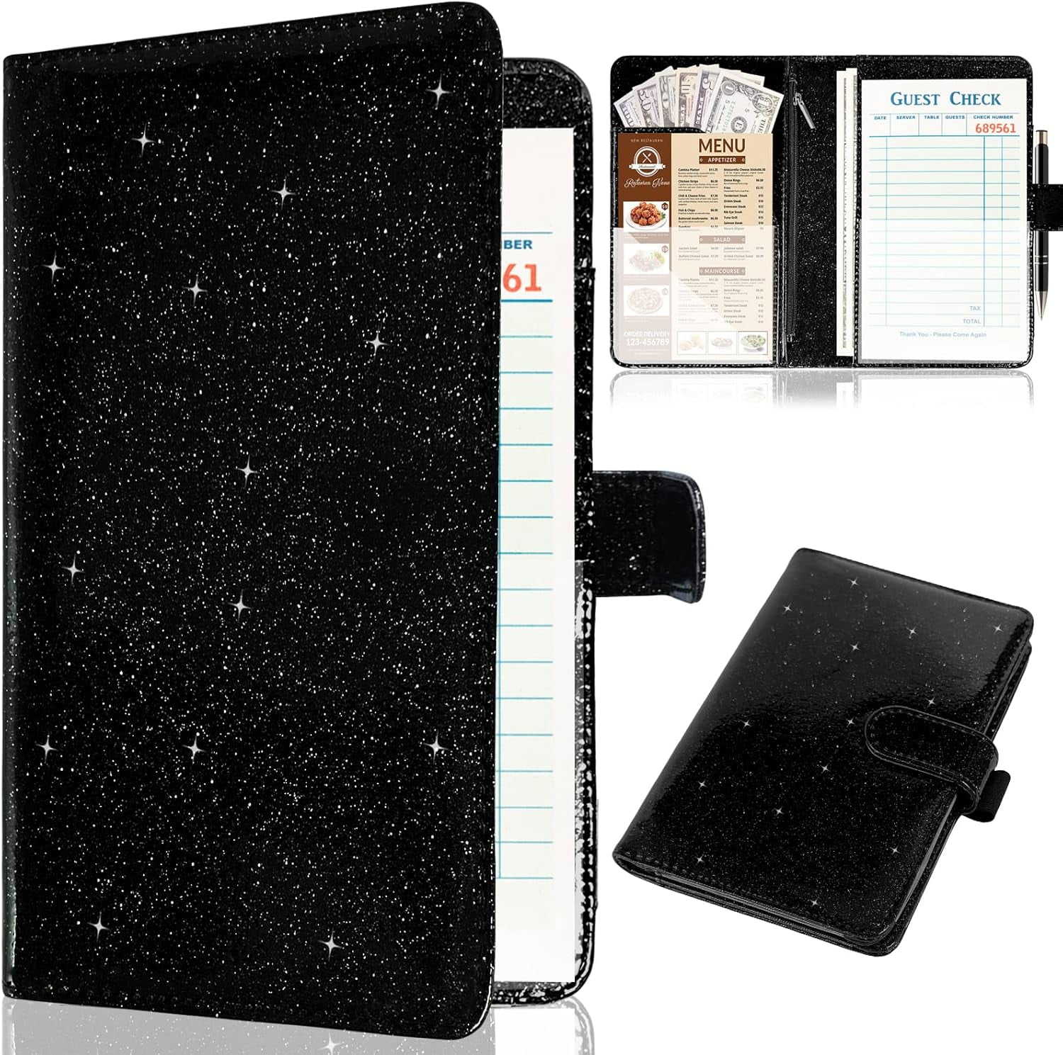 Hltser Server Book for Waitress Leather Waiter Book Organizer with Zipper Pocket Bling Waitress ...