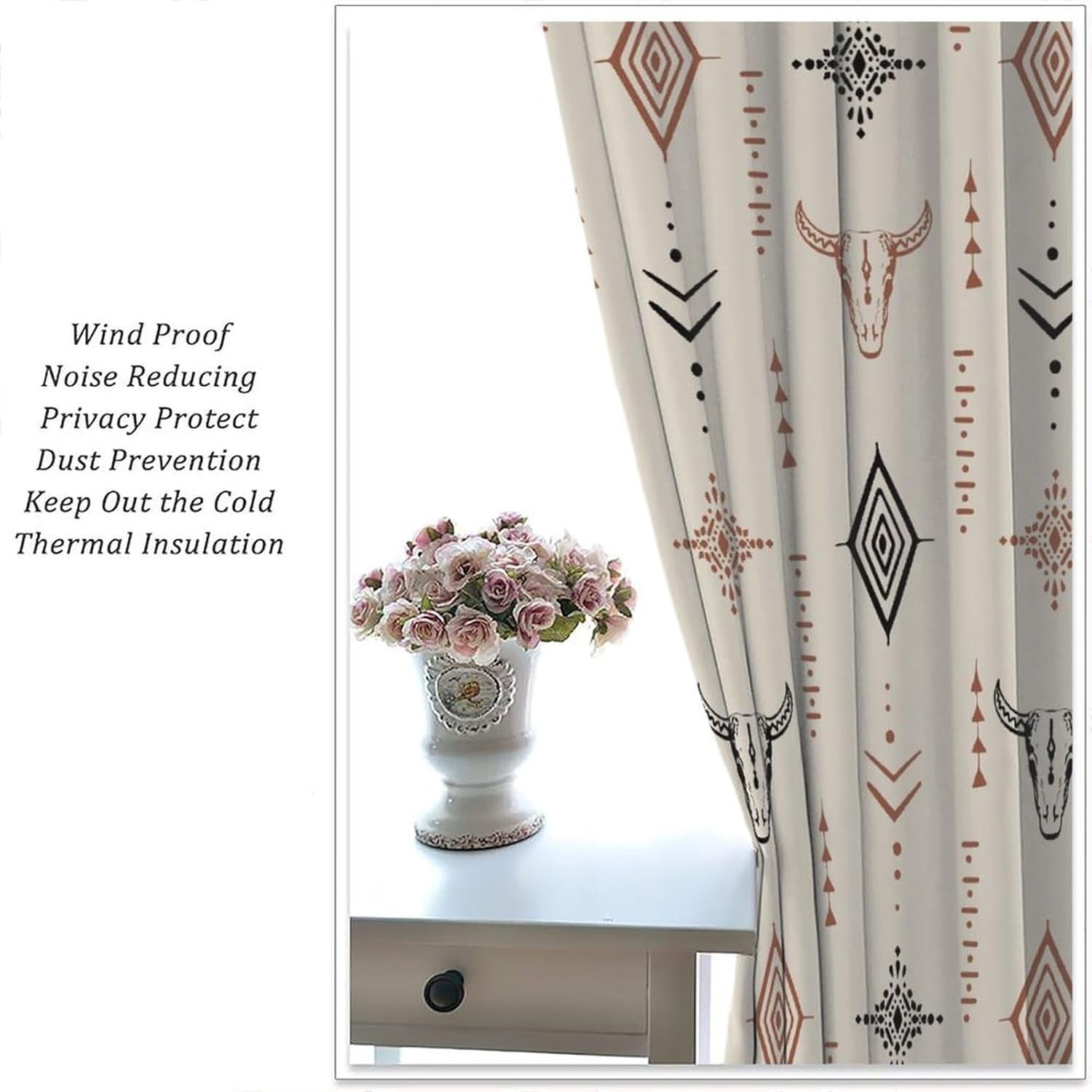 czyyul Western Blackout Curtains Bull Skull Boho Aesthetic Aztec Black ...
