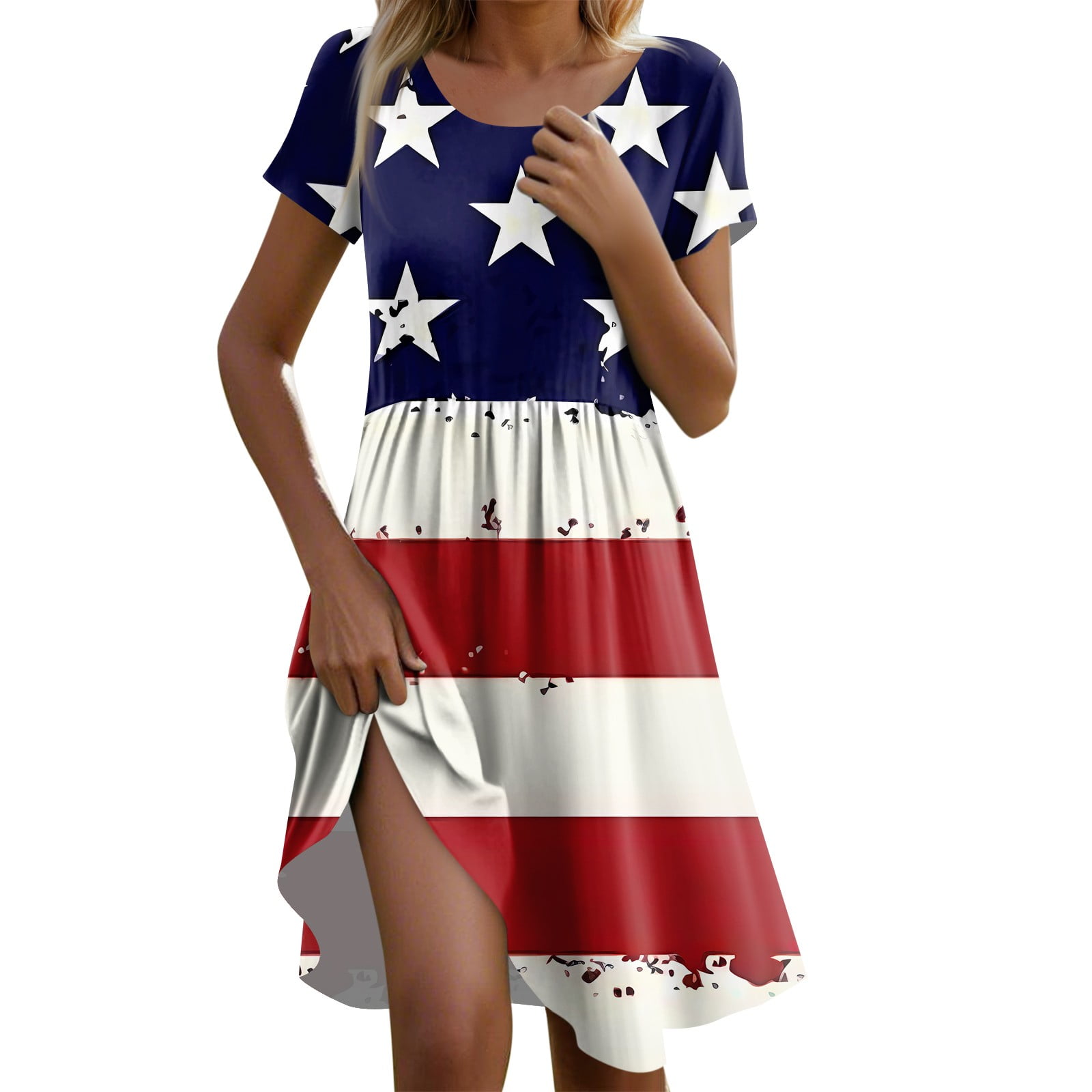 dGslk DC25 Women's Casual Short Sleeve Print Dress, Red White Blue ...