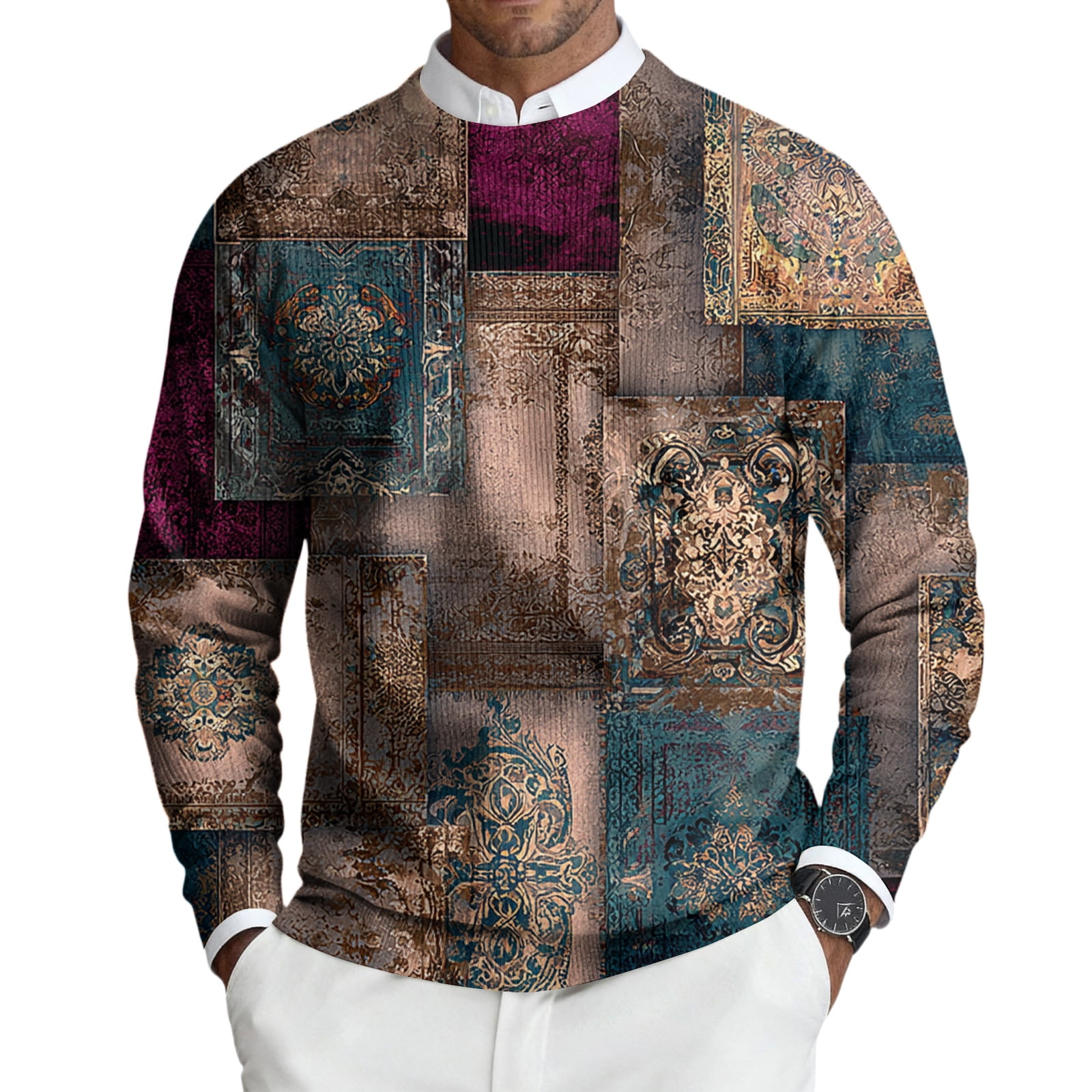 dGslk Men’s Long Sleeve Crew Neck Sweater with Abstract Floral Print ...