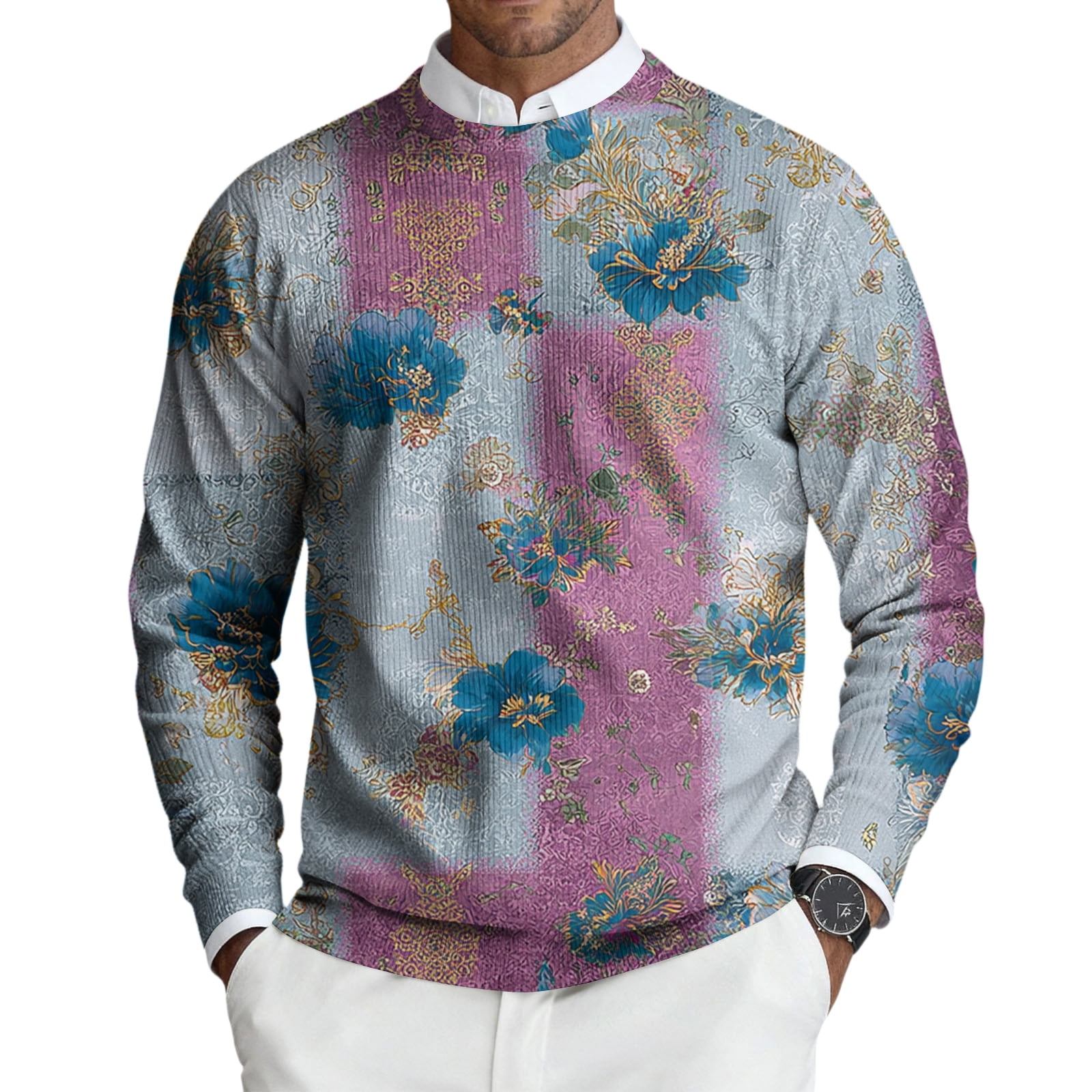 dGslk Men’s Long Sleeve Crew Neck Sweater with Abstract Floral Print ...