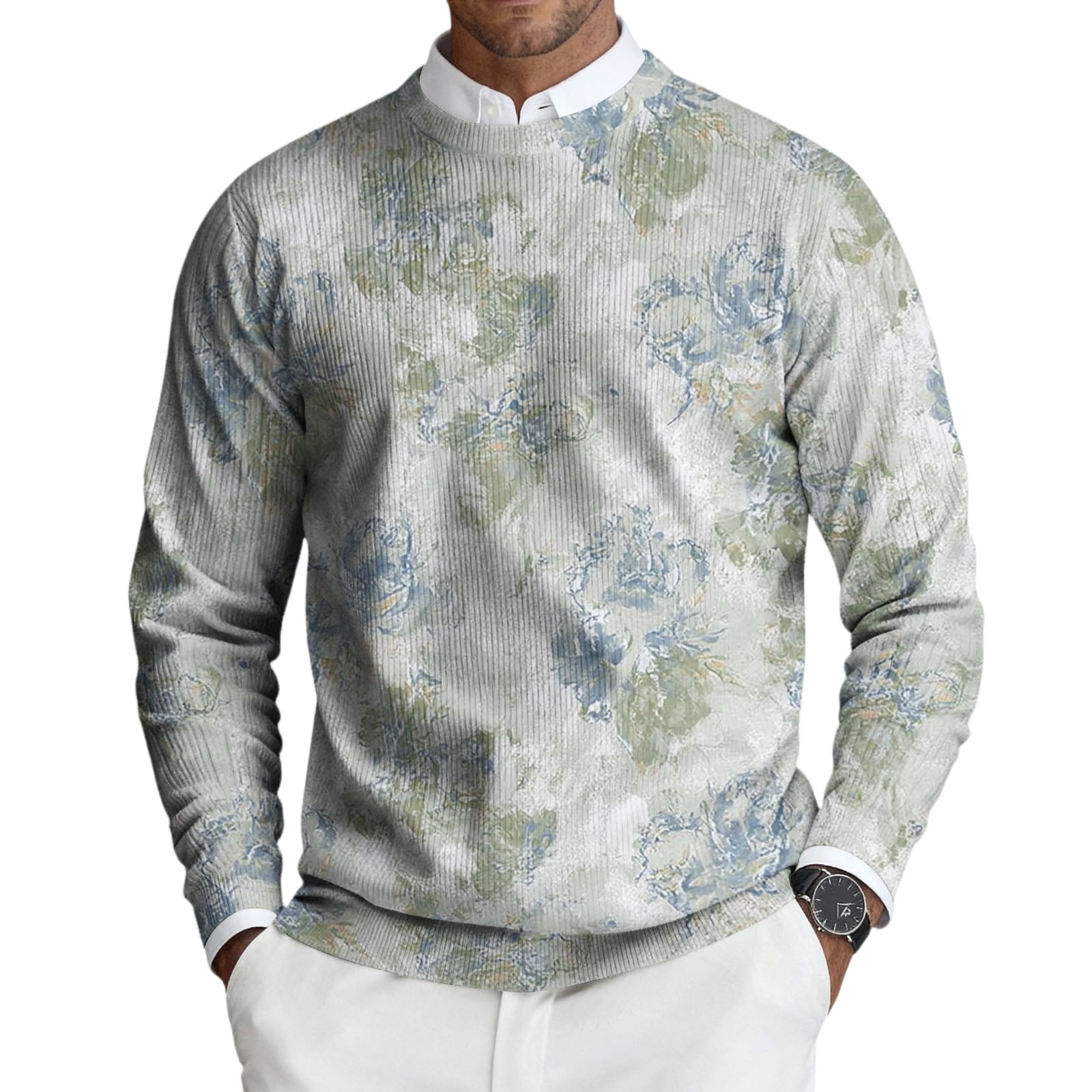 dGslk Men’s Long Sleeve Crew Neck Sweater with Abstract Floral Print ...