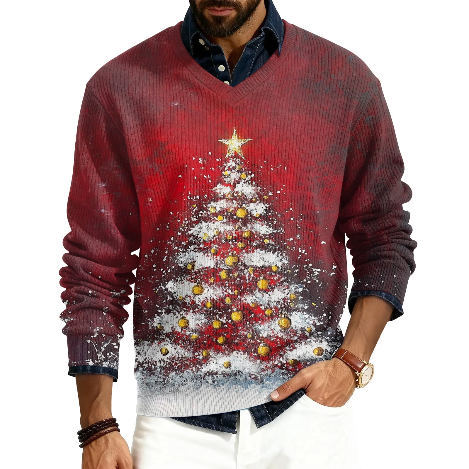 dGslk Men's V-neck Long-sleeved Ribbed Knit Pullover White L - Walmart.com