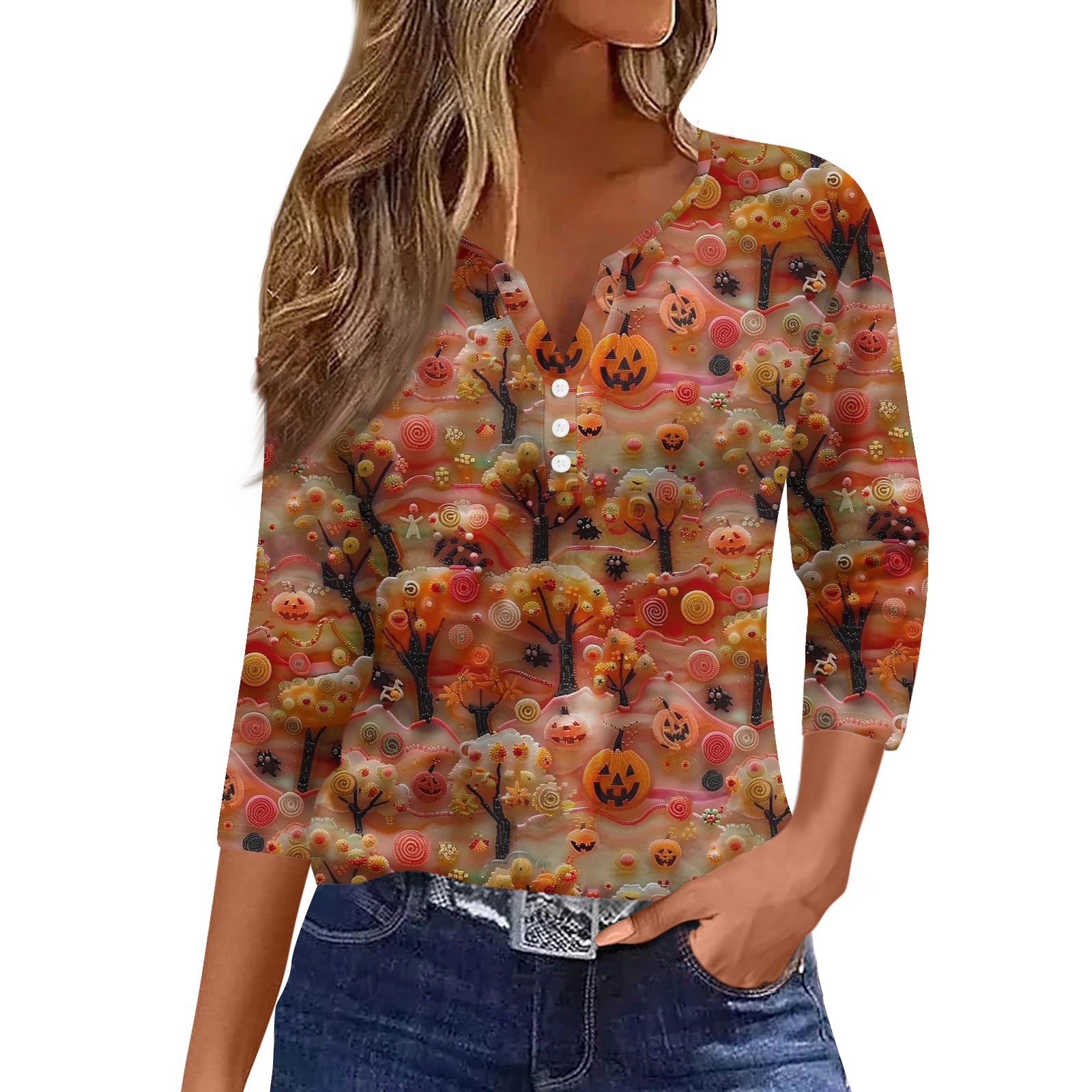 dGslk Women's 3/4 Sleeve Henley Shirt, Casual Loose Fit Blouse with ...