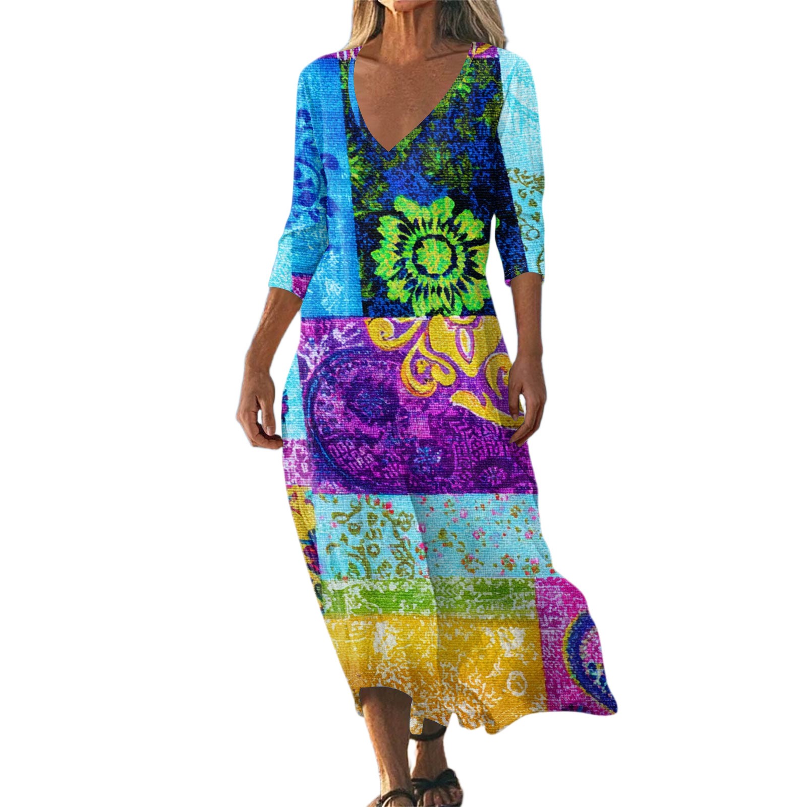 dGslk Women's Bohemian Patchwork Maxi Dress with 3/4 Sleeves, V-Neck ...