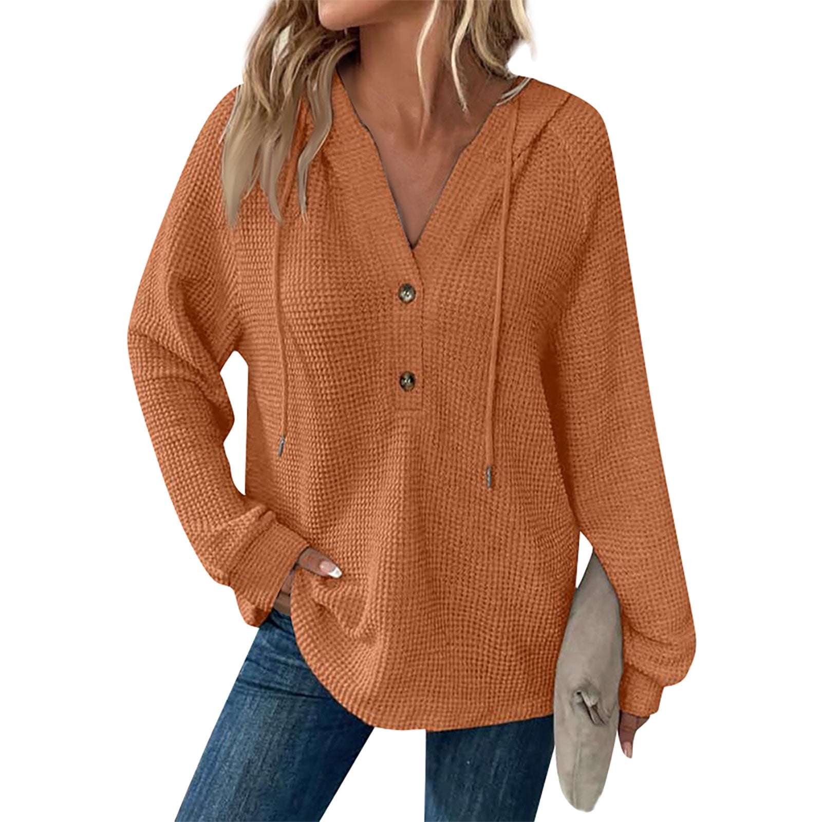 dGslk Women’s Casual Long Sleeve Waffle Knit Henley Hoodie Top, Button ...
