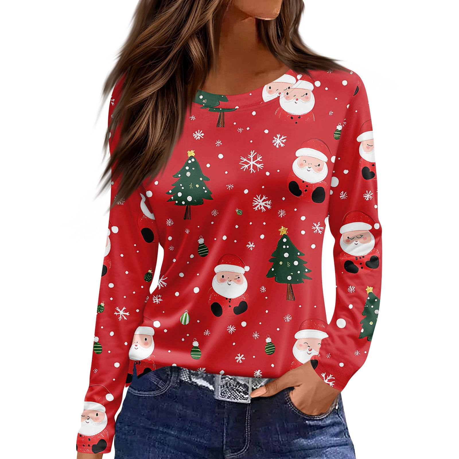 dGslk Women’s Christmas Tree Print Long Sleeve Top – Festive Holiday ...