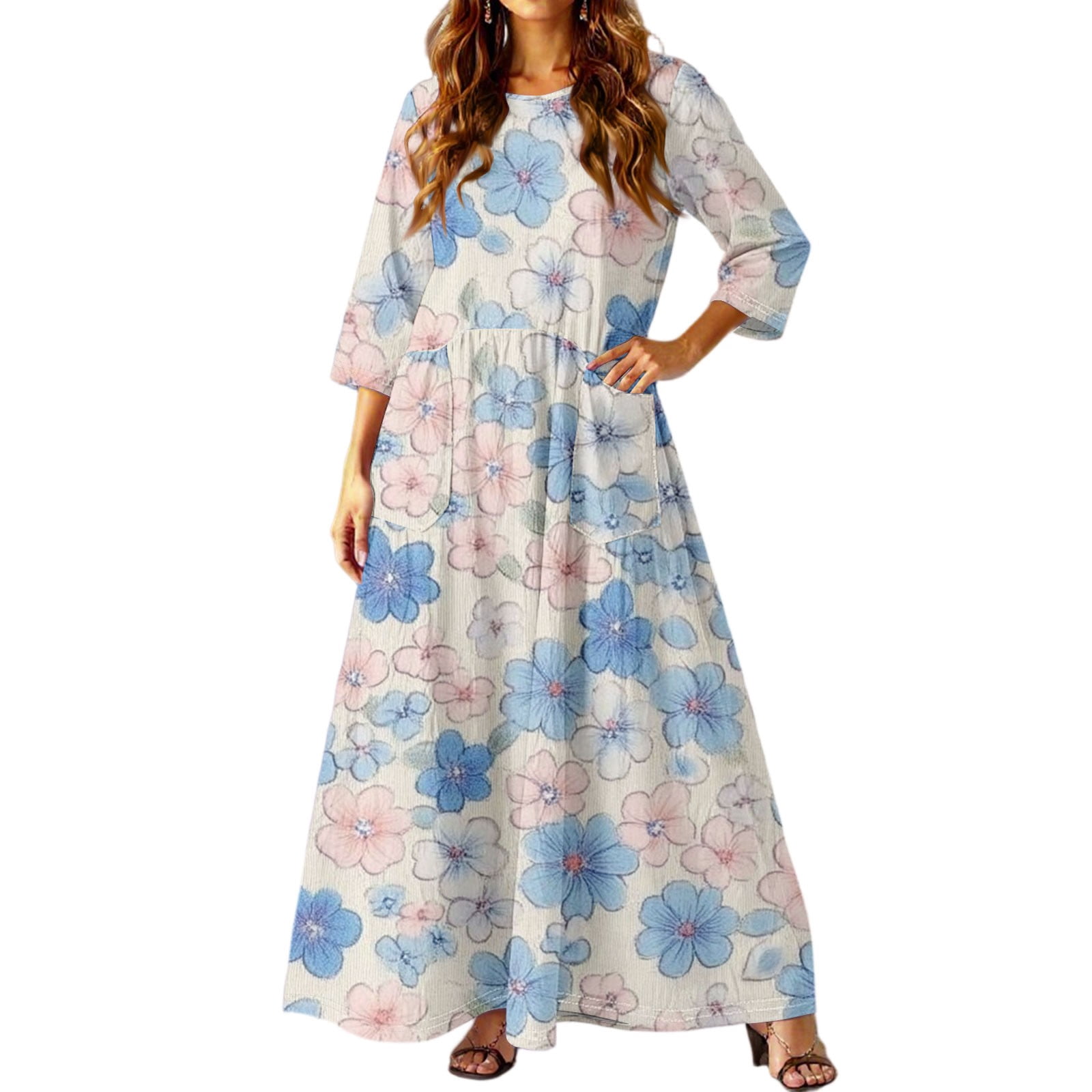 dGslk Women’s Floral Maxi Dress with 3/4 Sleeves, Lightweight Casual ...