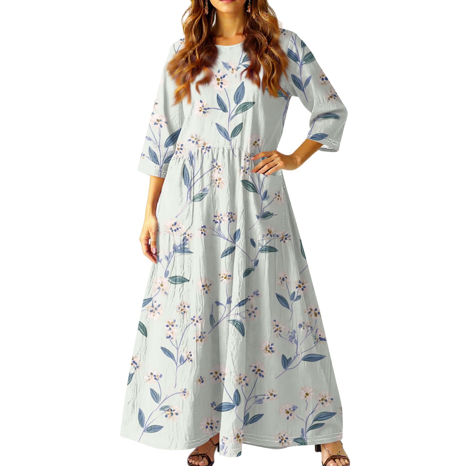 dGslk Women's Floral Print Maxi Dress, 3/4 Sleeve Casual Loose Long ...