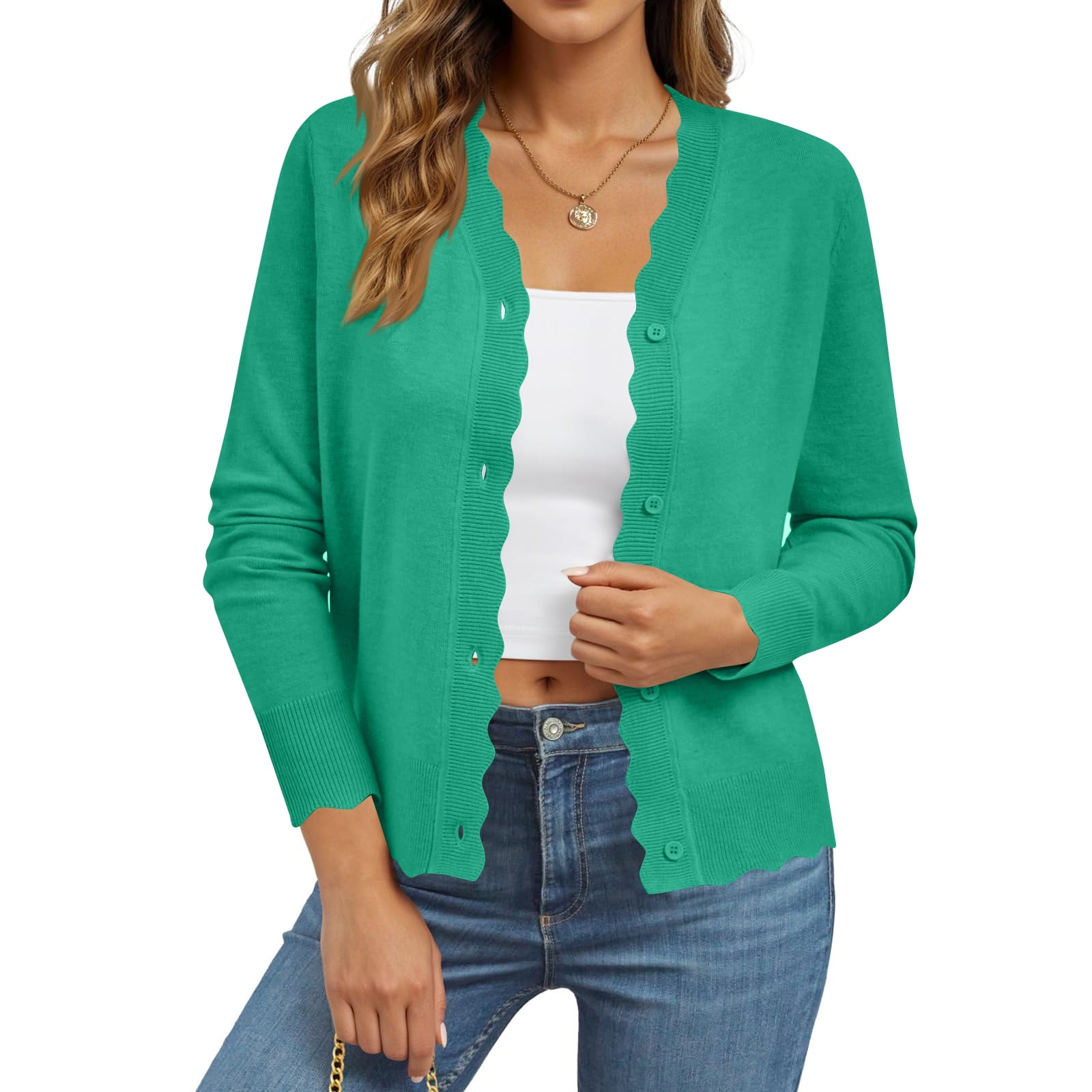 dGslk Women’s Scalloped Edge Knit Cardigan Long Sleeve Lightweight ...