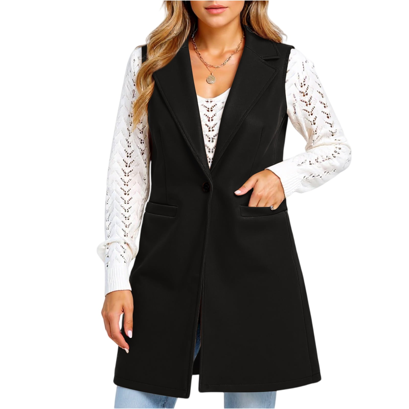dGslk Women’s Sleeveless Lapel Long Vest Jacket Single Button Front ...