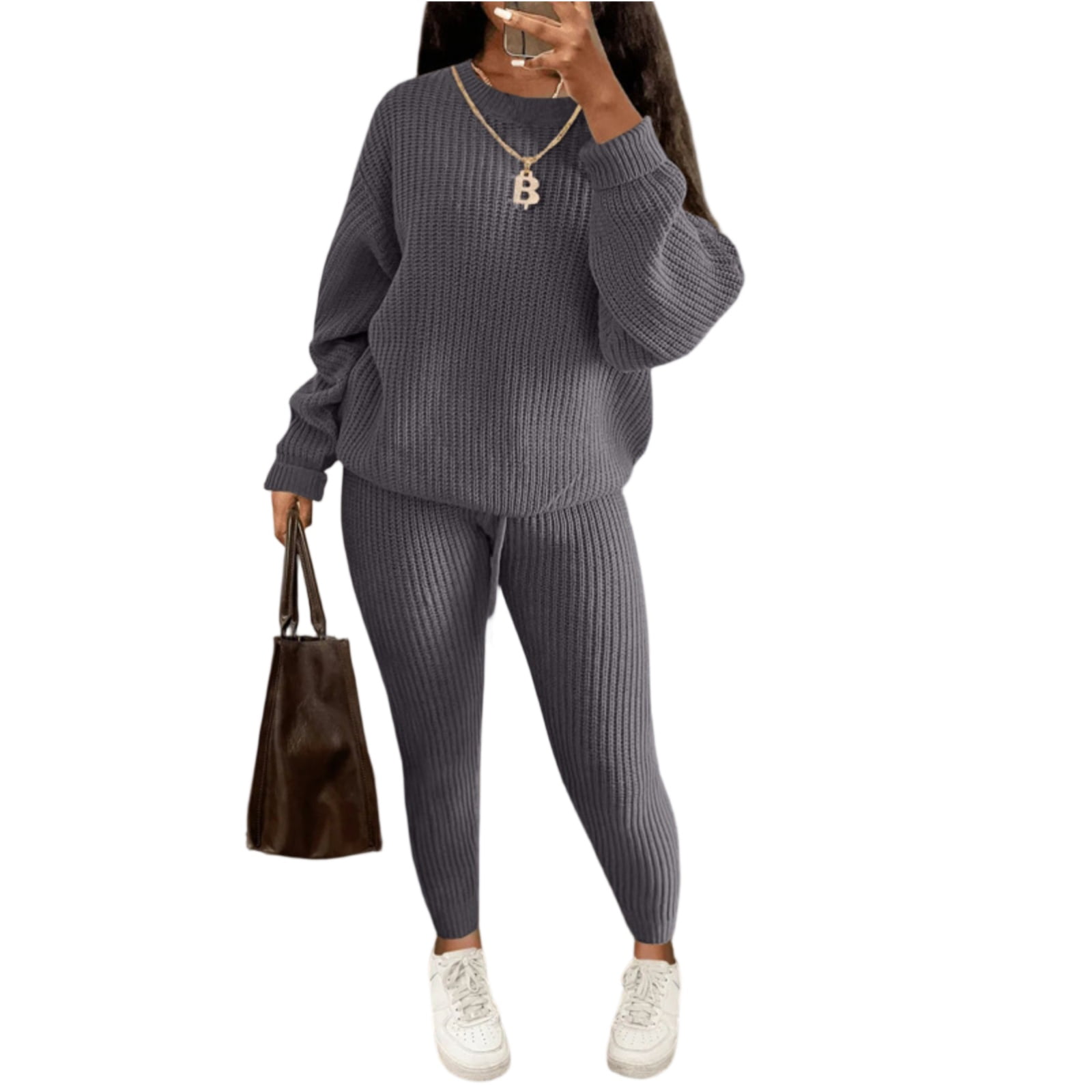 dGslk Women’s Two Piece Knit Sweater Set Long Sleeve Pullover Top and ...