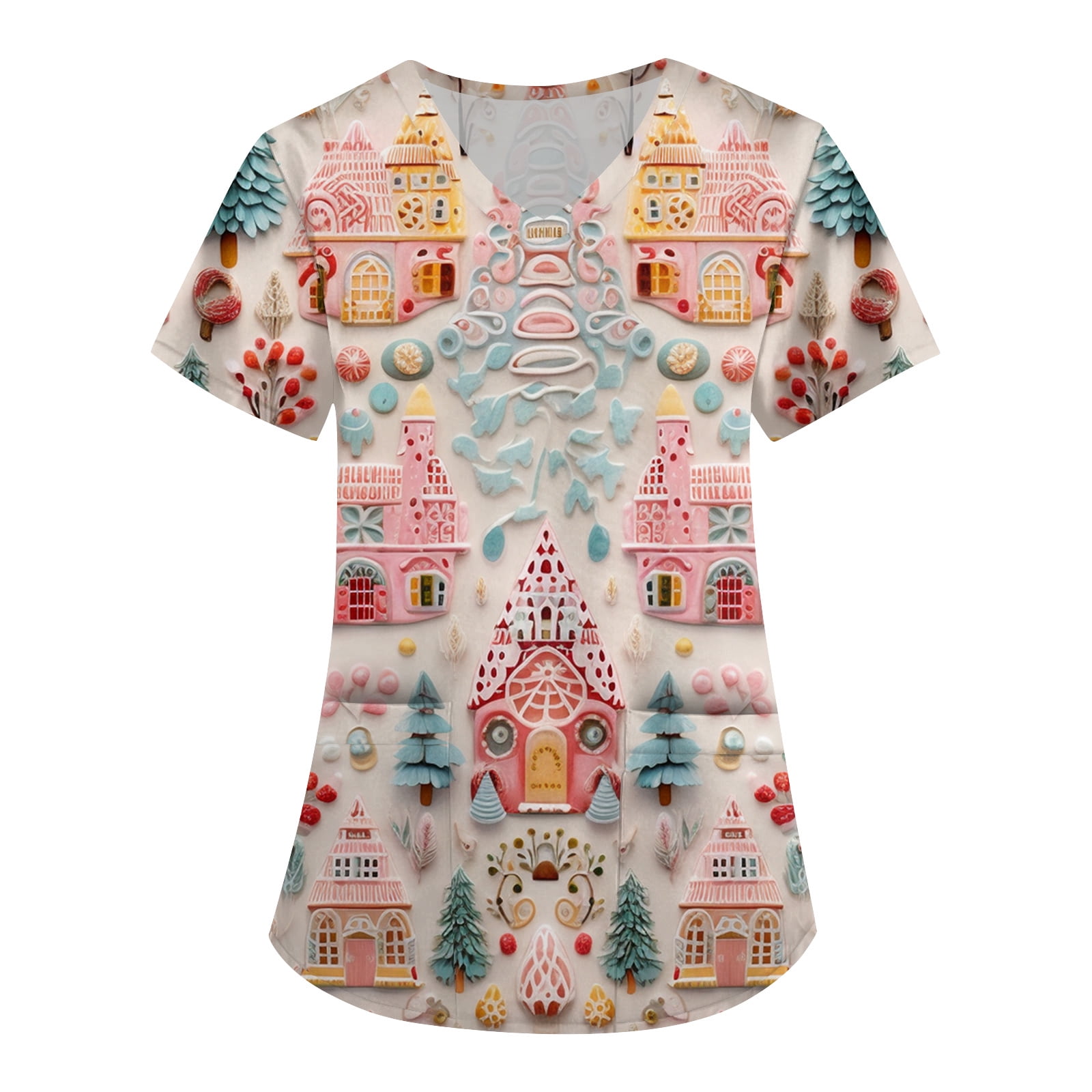 dGslk Women’s V Neck Short Sleeve Printed Scrub Top with Festive Santa ...